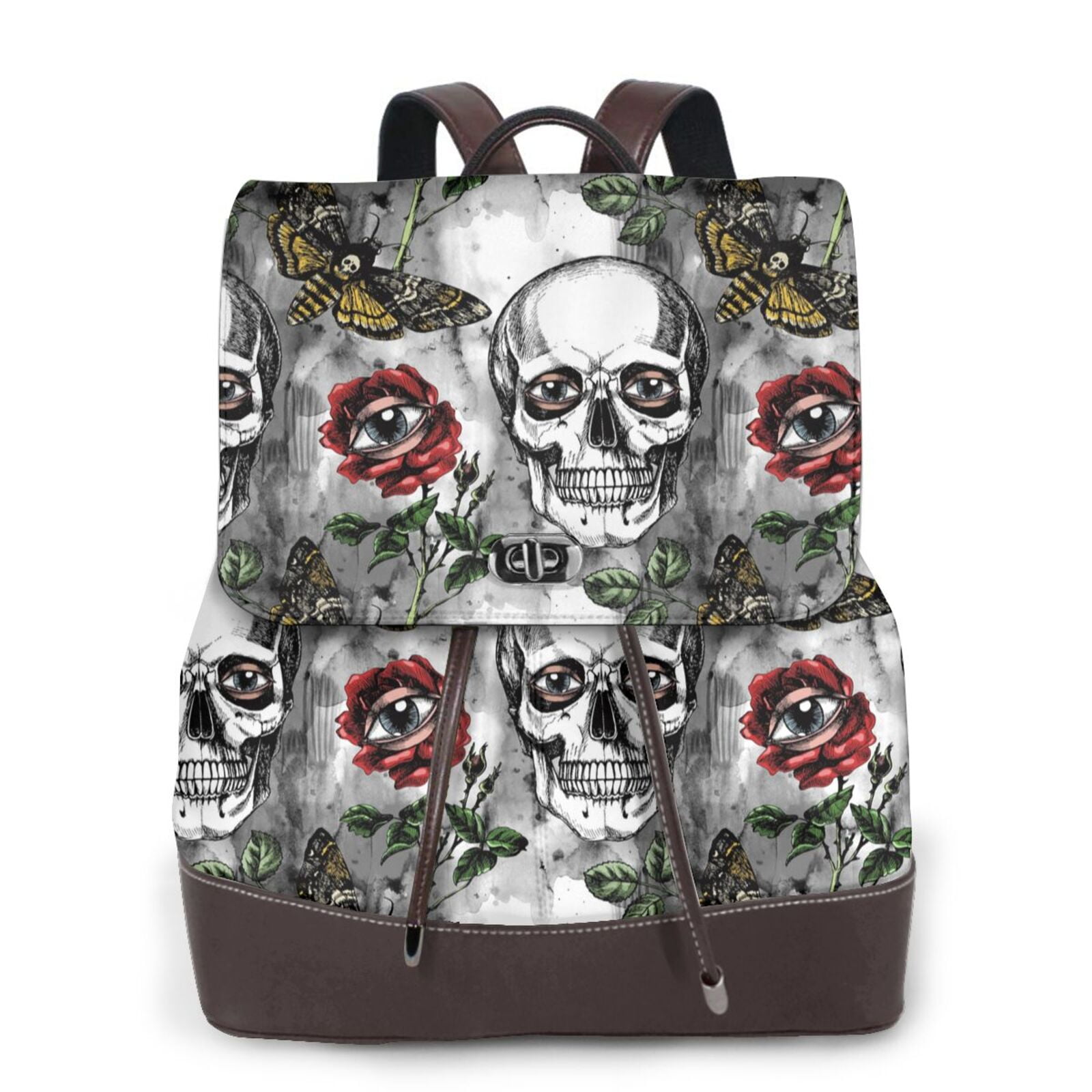 Xecao Skulls Roses Print Large Backpack Soft Leather for Women Travel ...