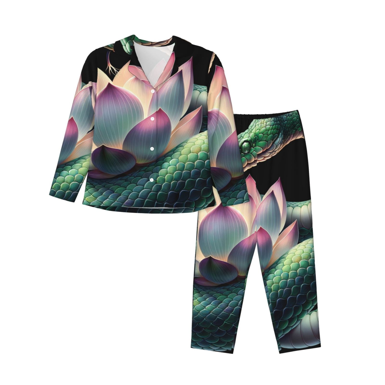 Xecao Snake Holding A Lotus Print Women Pajamas Set Soft Sleepwear Pjs ...