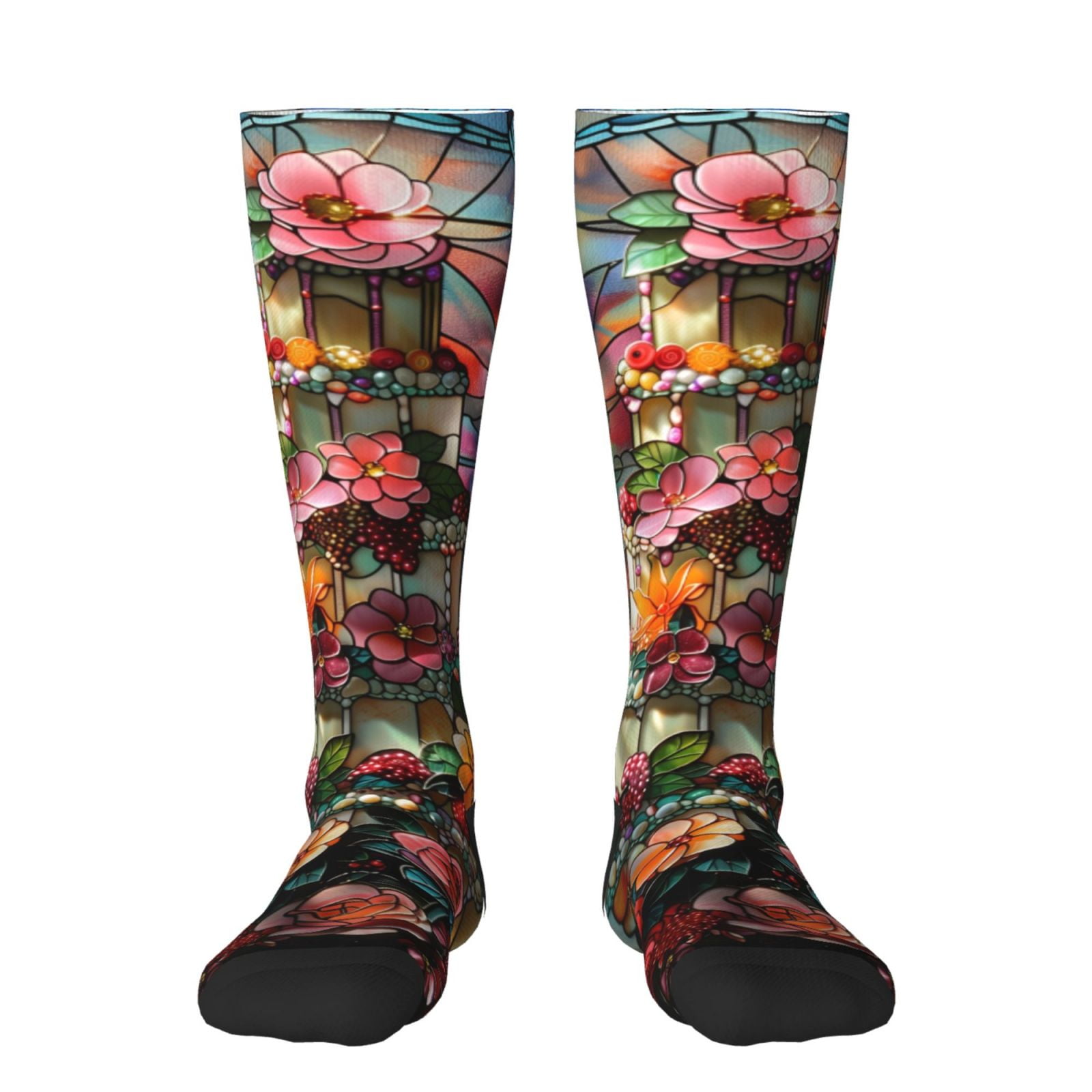 Xecao Stained Glass Floral Cake Print Compression Socks for Both Men ...