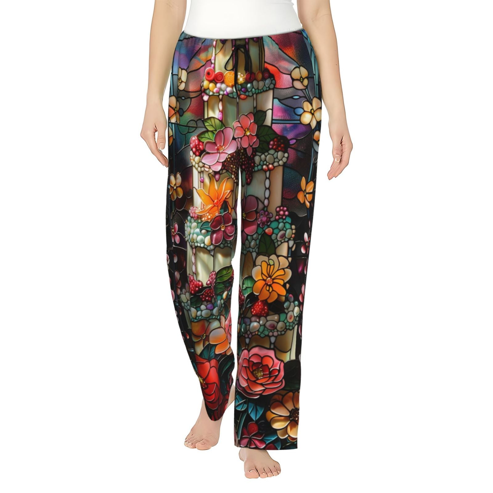 Xecao Stained Glass Floral Cake Print Women's Straight Lounge Pajama ...