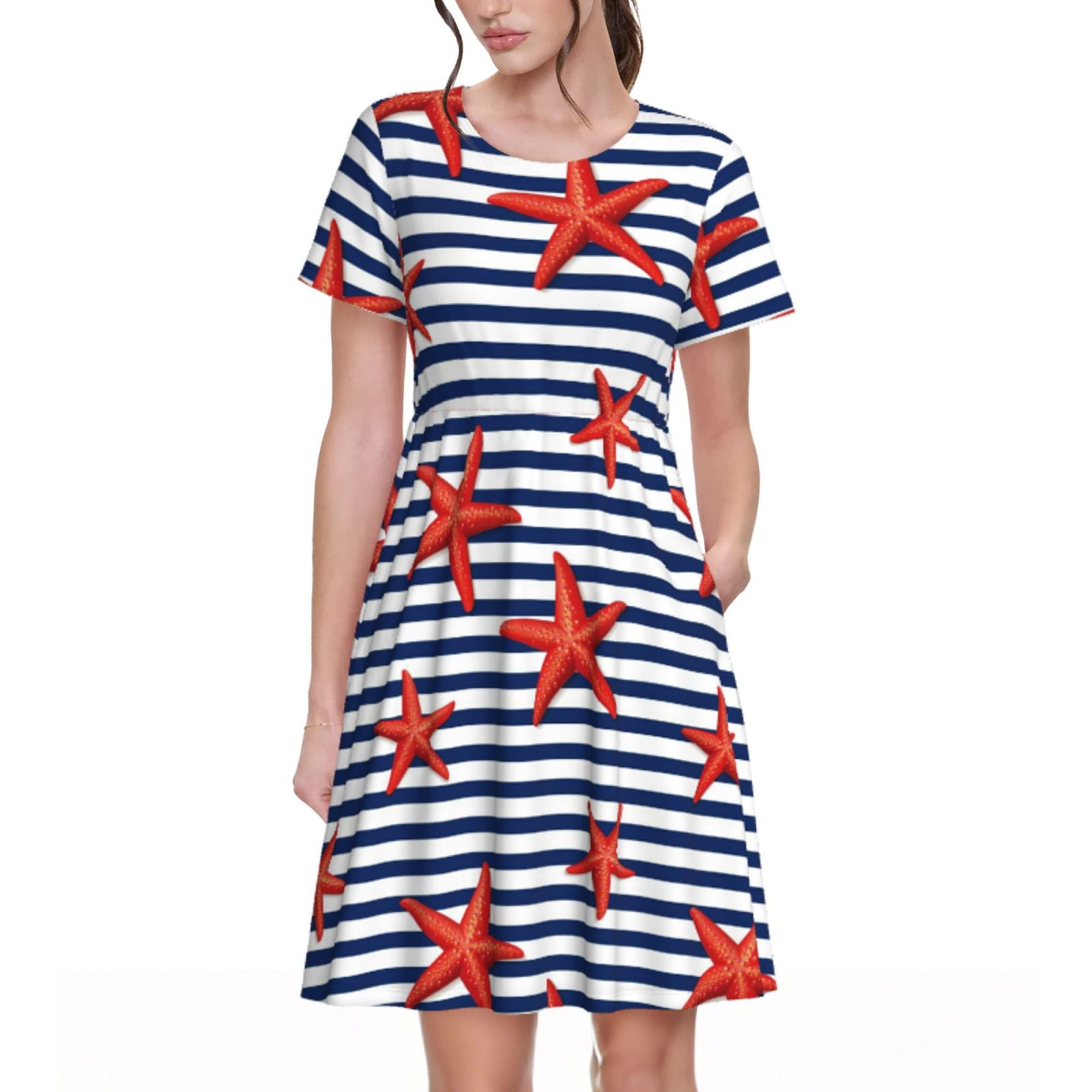 Xecao Starfish Navy Blue Stripe for Women Summer Short Sleeve Midi Dress with Pockets Casual ...