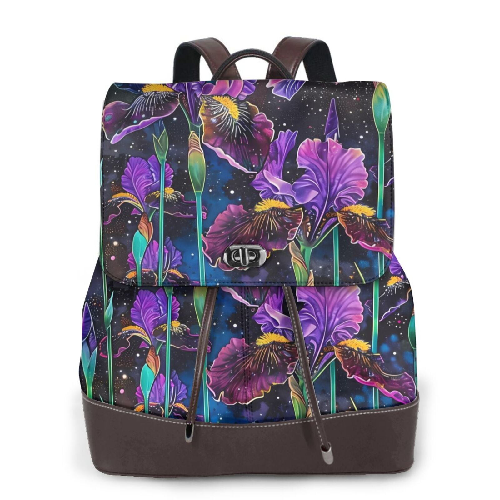 Xecao Starry Night Iris Field Print Large Backpack Soft Leather for ...