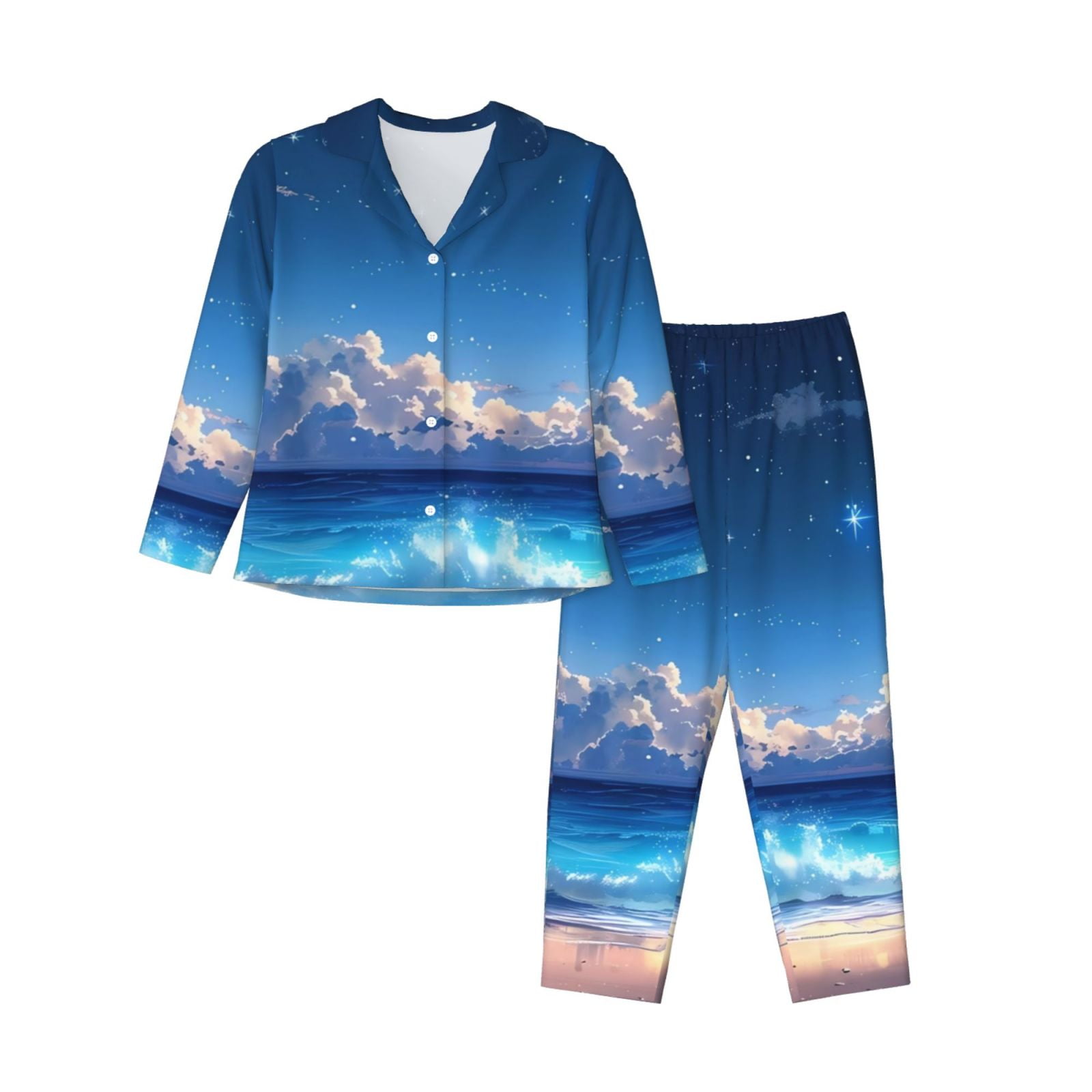 Xecao Starry Night Ocean View Print Women Pajamas Set Soft Sleepwear ...