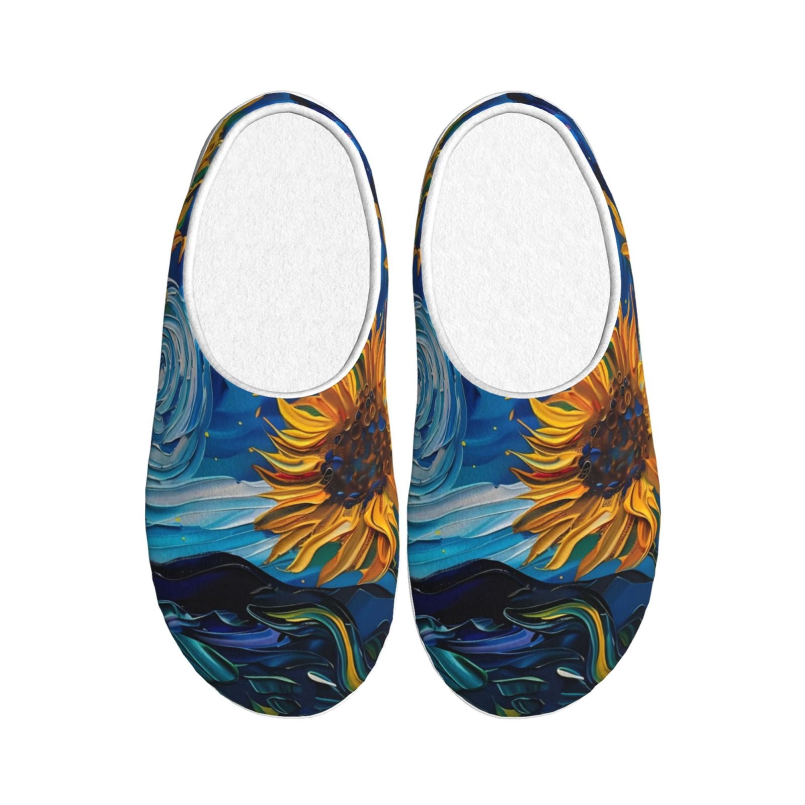 Xecao Starry Night Sunflower Field Print Cotton Slippers Fuzzy Warm ...