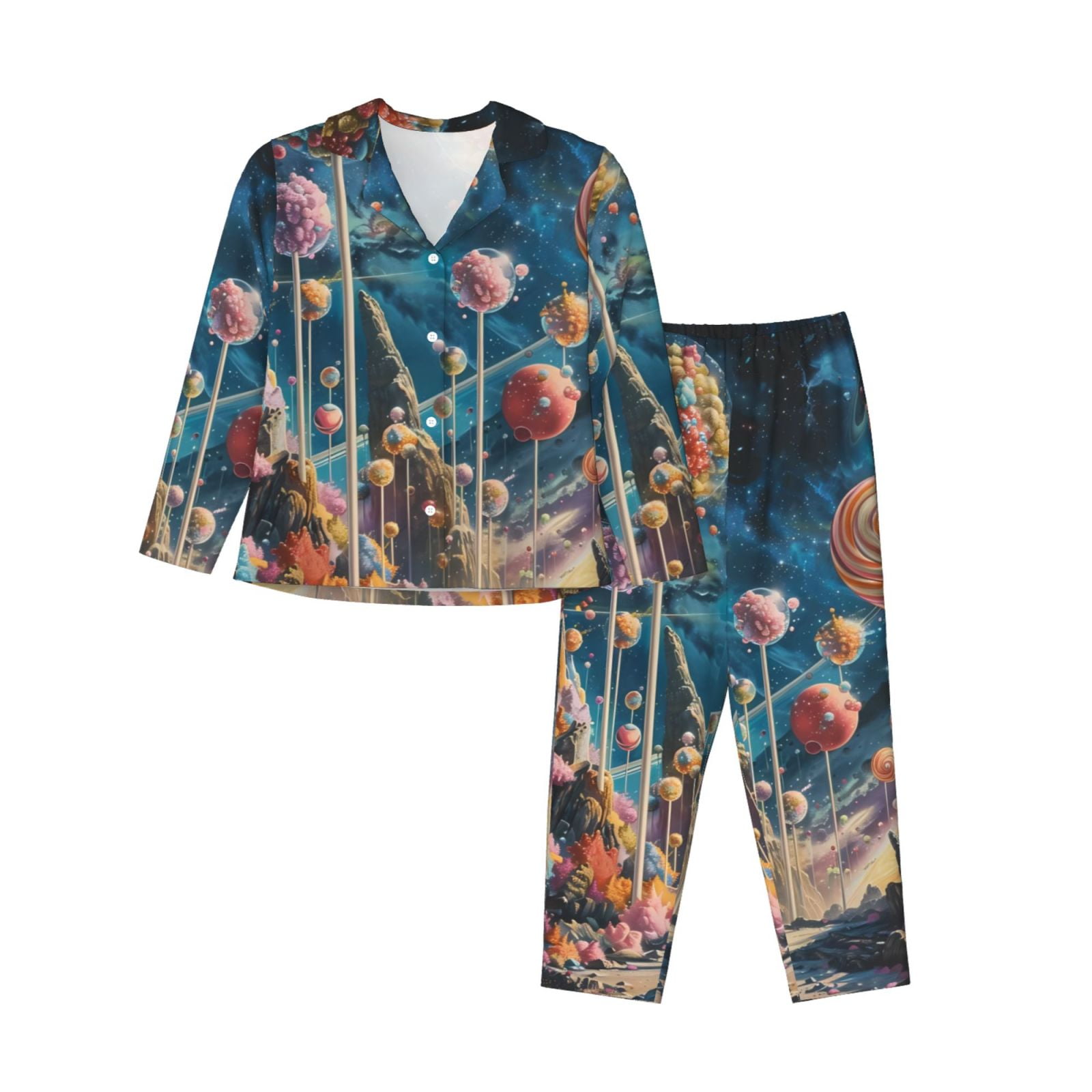 Xecao Starry Sky Planet Lollipop Print Women Pajamas Set Soft Sleepwear ...