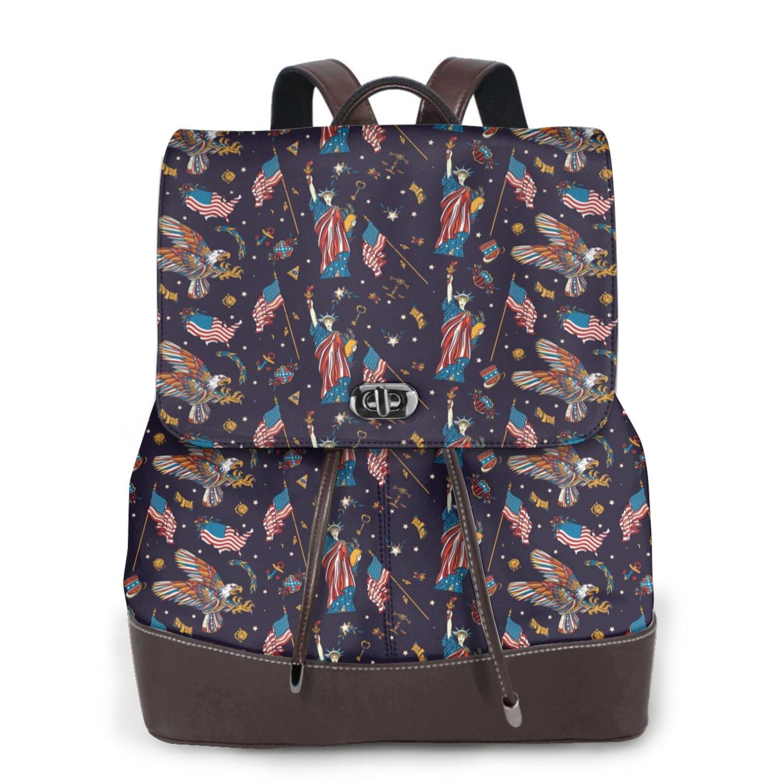 Xecao Statue Of Liberty Eagle Print Large Backpack Soft Leather for ...