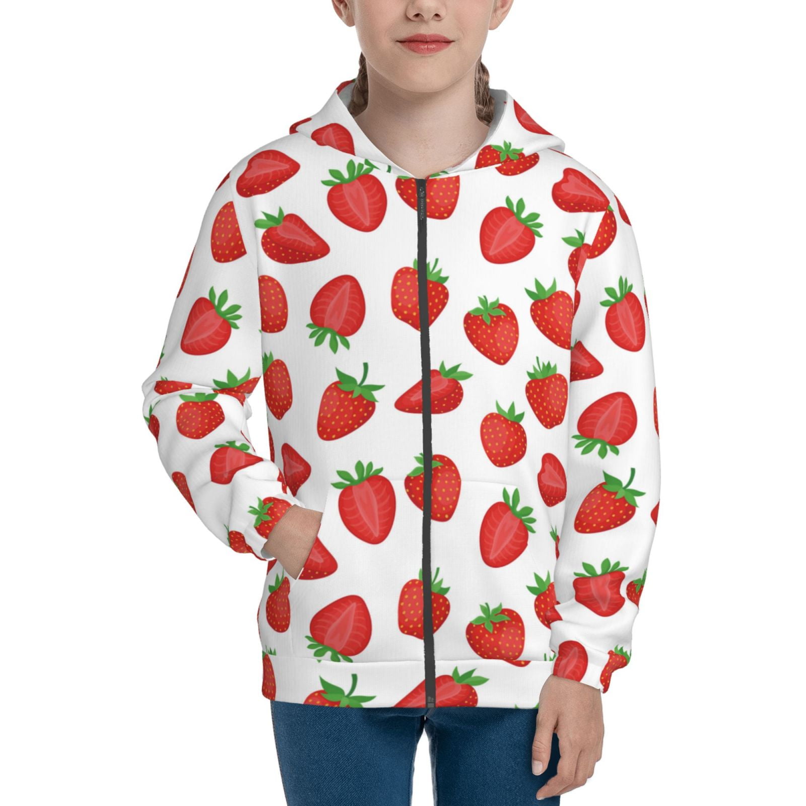 Xecao Strawberries Pattern Zip Up Hoodies for Boys Girls, Sweatshirt with Pockets-Small ...