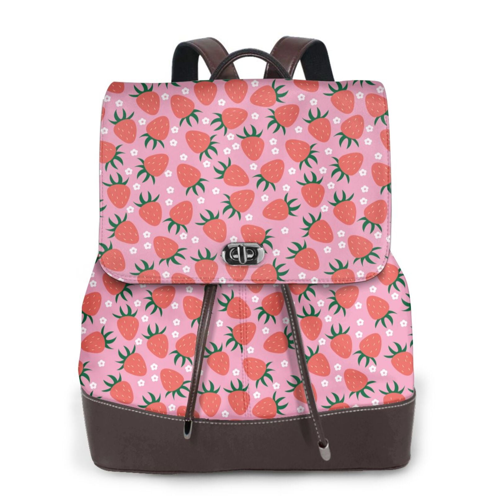 Xecao Strawberry Print Large Backpack Soft Leather for Women Travel ...