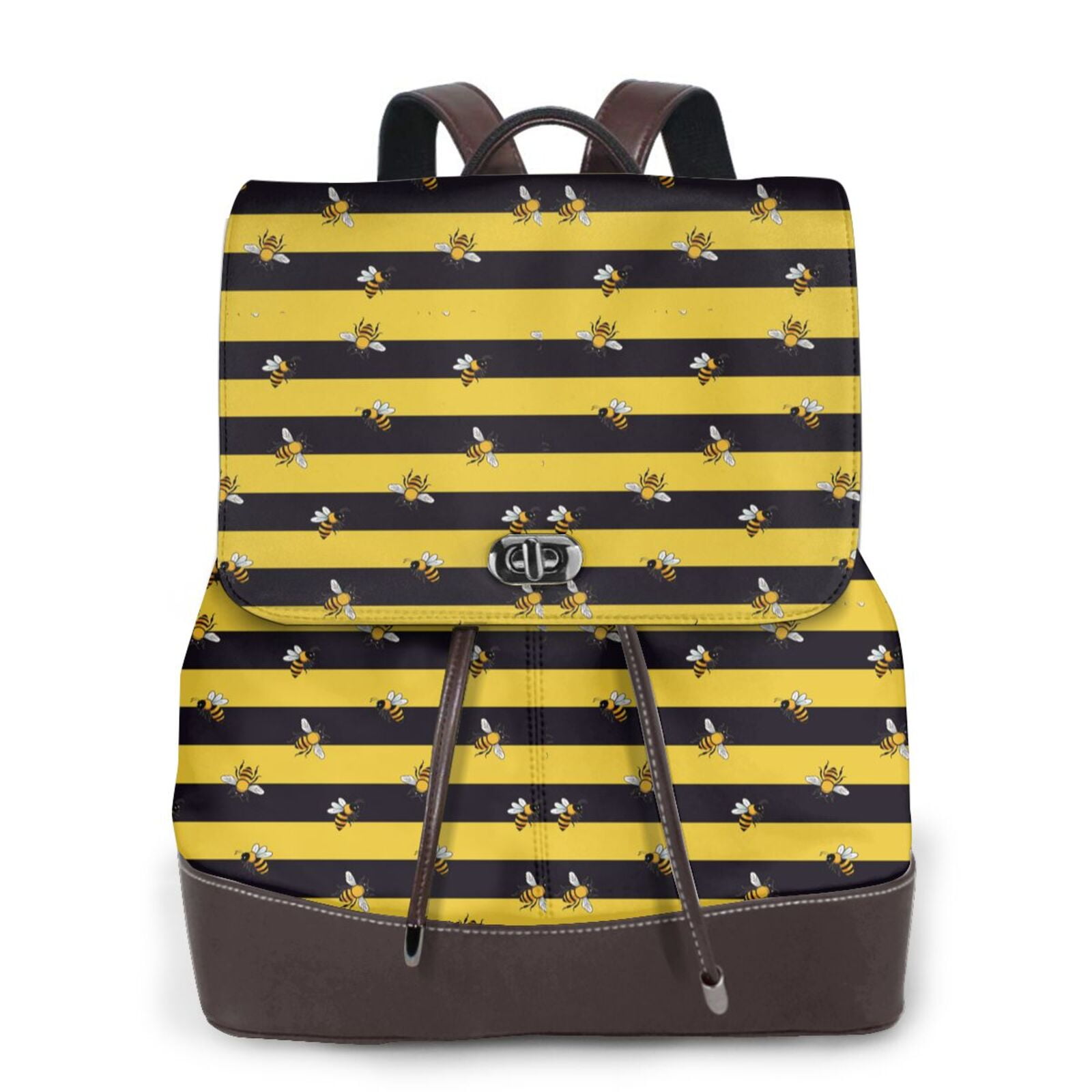 Xecao Striped With Bees Print Large Backpack Soft Leather for Women ...