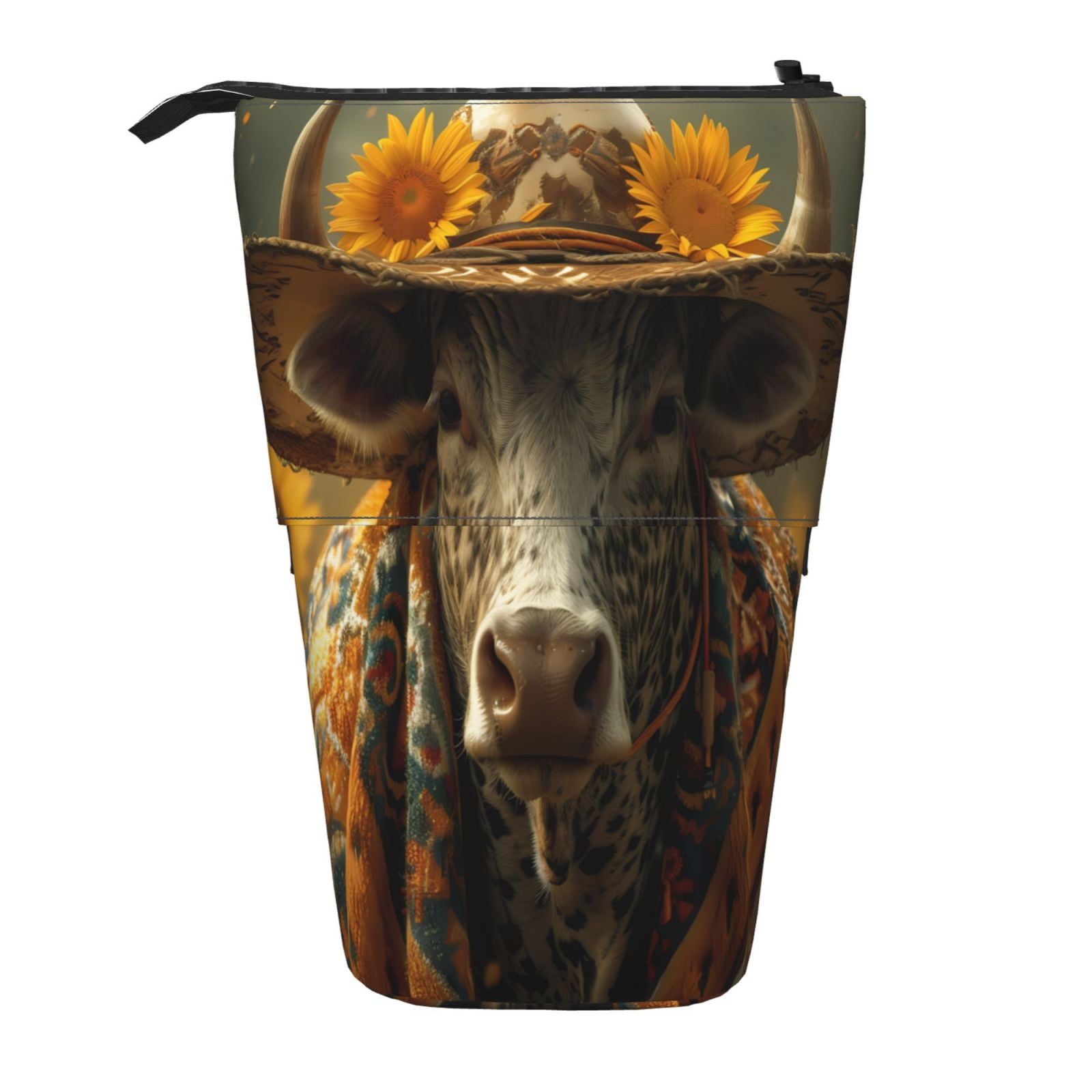 Xecao Sunflower Cowboy Hat Cow Print Telescopic Pencil Bag Pen Holder Pop Up Stationery Case ...