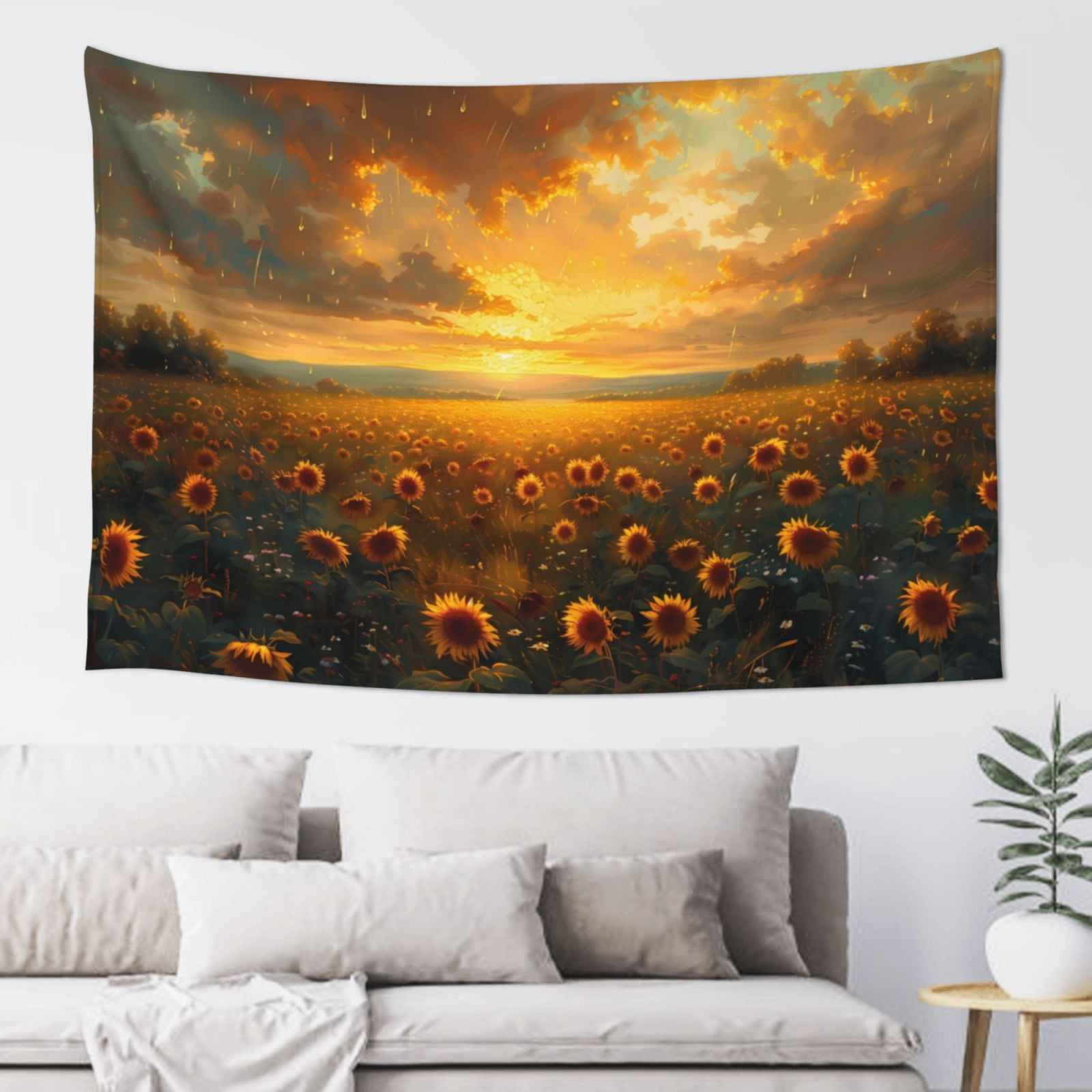 Xecao Sunflower Sunset Rainfall Print Tapestry, Wall Hanging Room Funny ...
