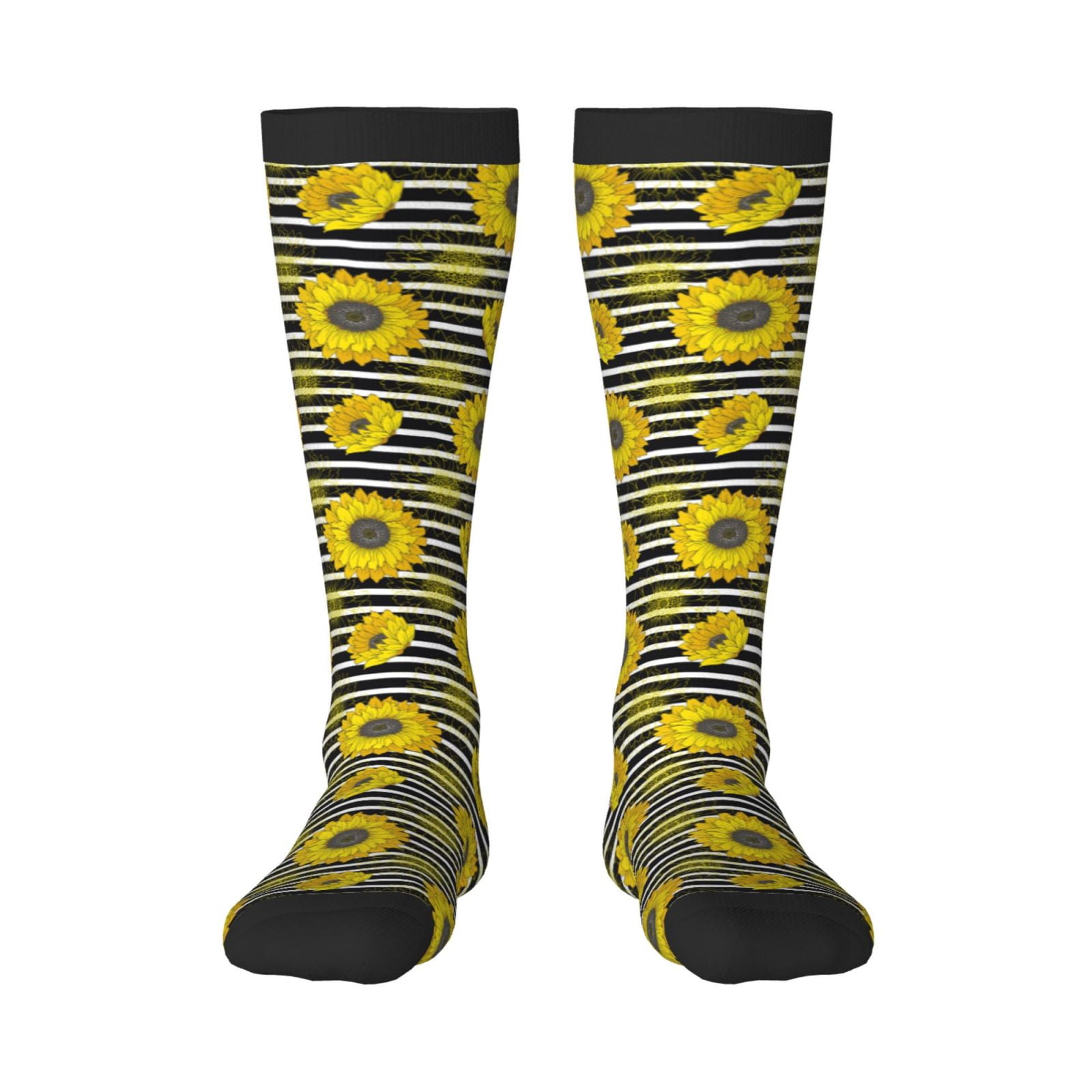 Xecao Sunflowers On Black And White Stripes print thigh-high socks ...