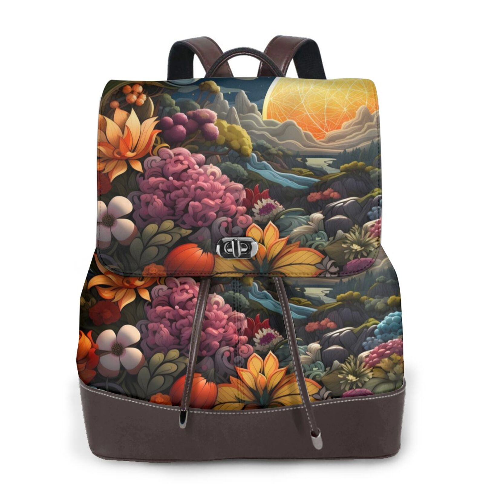 Xecao Sunset Floral Fantasy Landscape Print Large Backpack Soft Leather ...