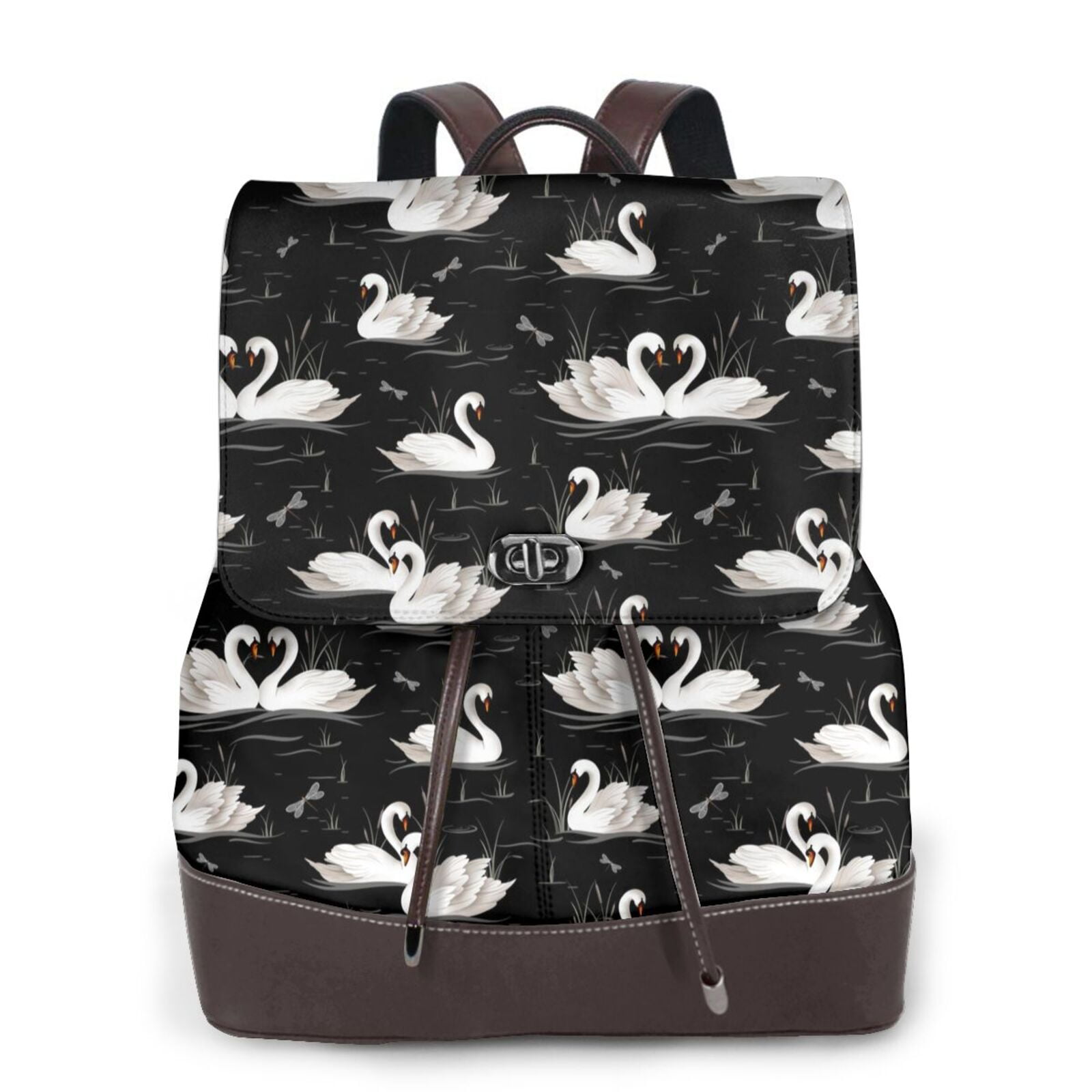 Xecao Swan And Dragonflies Print Large Backpack Soft Leather for Women ...