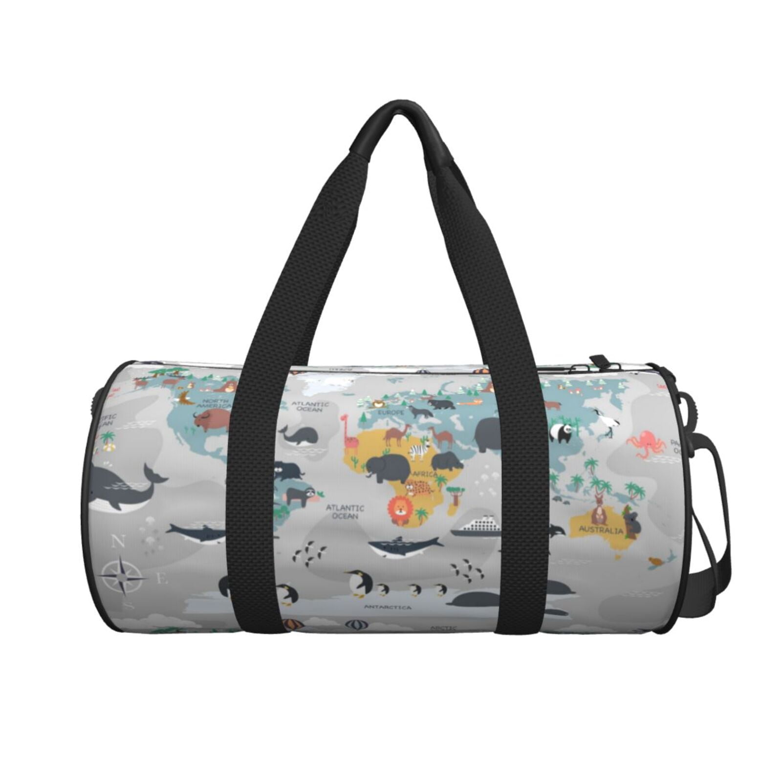 Xecao The World Map with Cartoon Animals print Round Travel Duffel Bag ...
