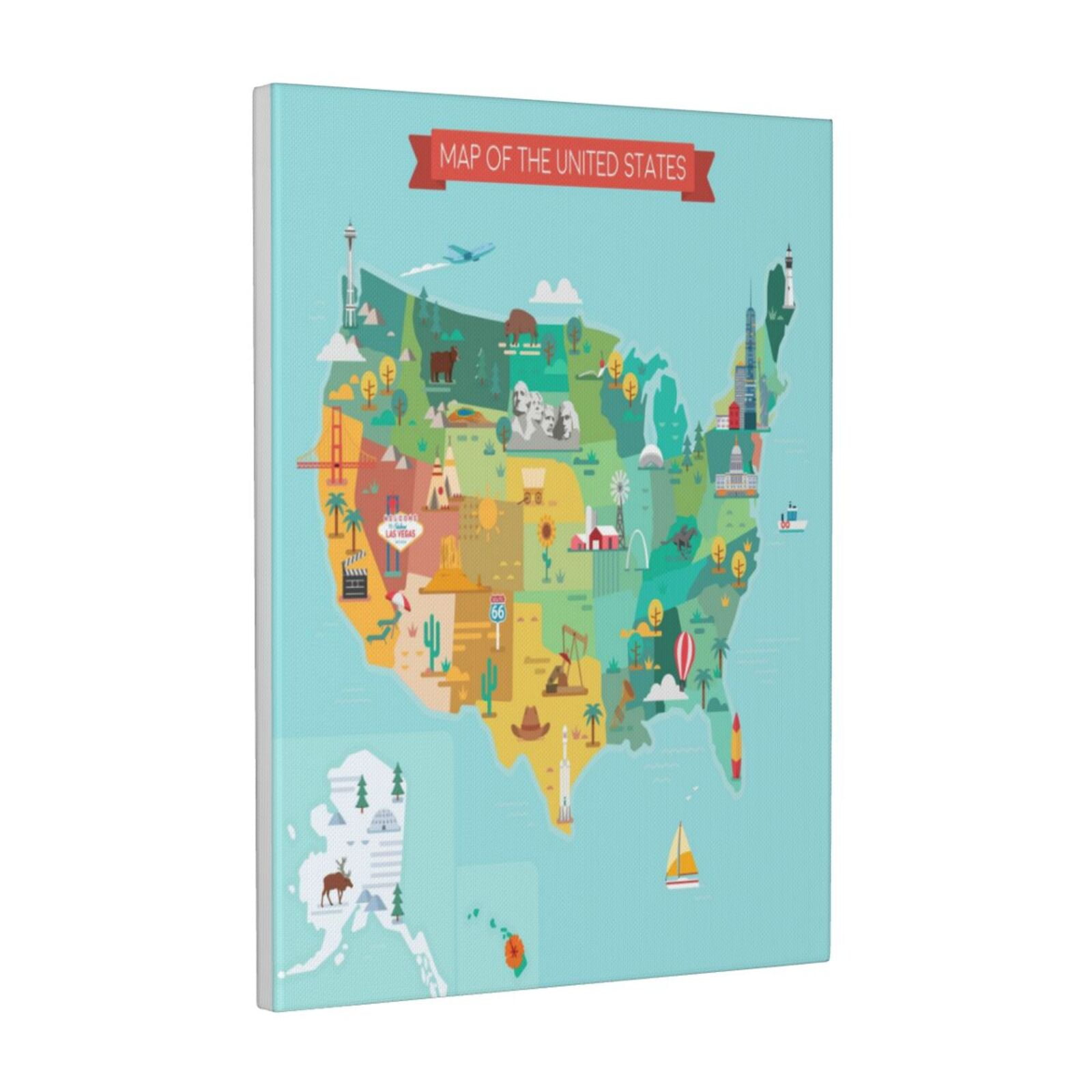 Xecao USA Tourist Map for Ready-to-Hang Canvas Art 12x16 Inches ...