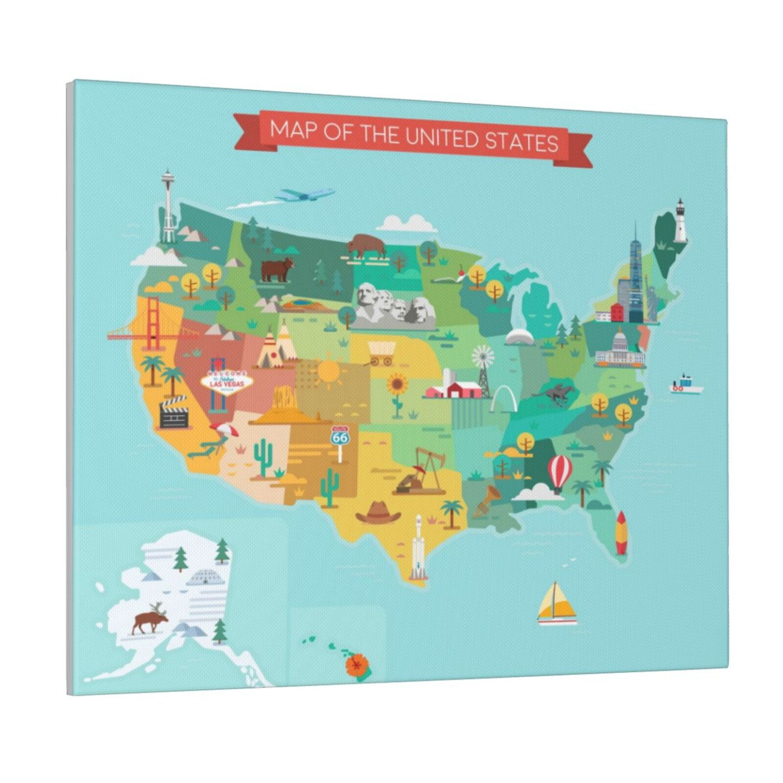 Xecao USA Tourist Map for Waterproof Framed Canvas Art - Modern Home ...