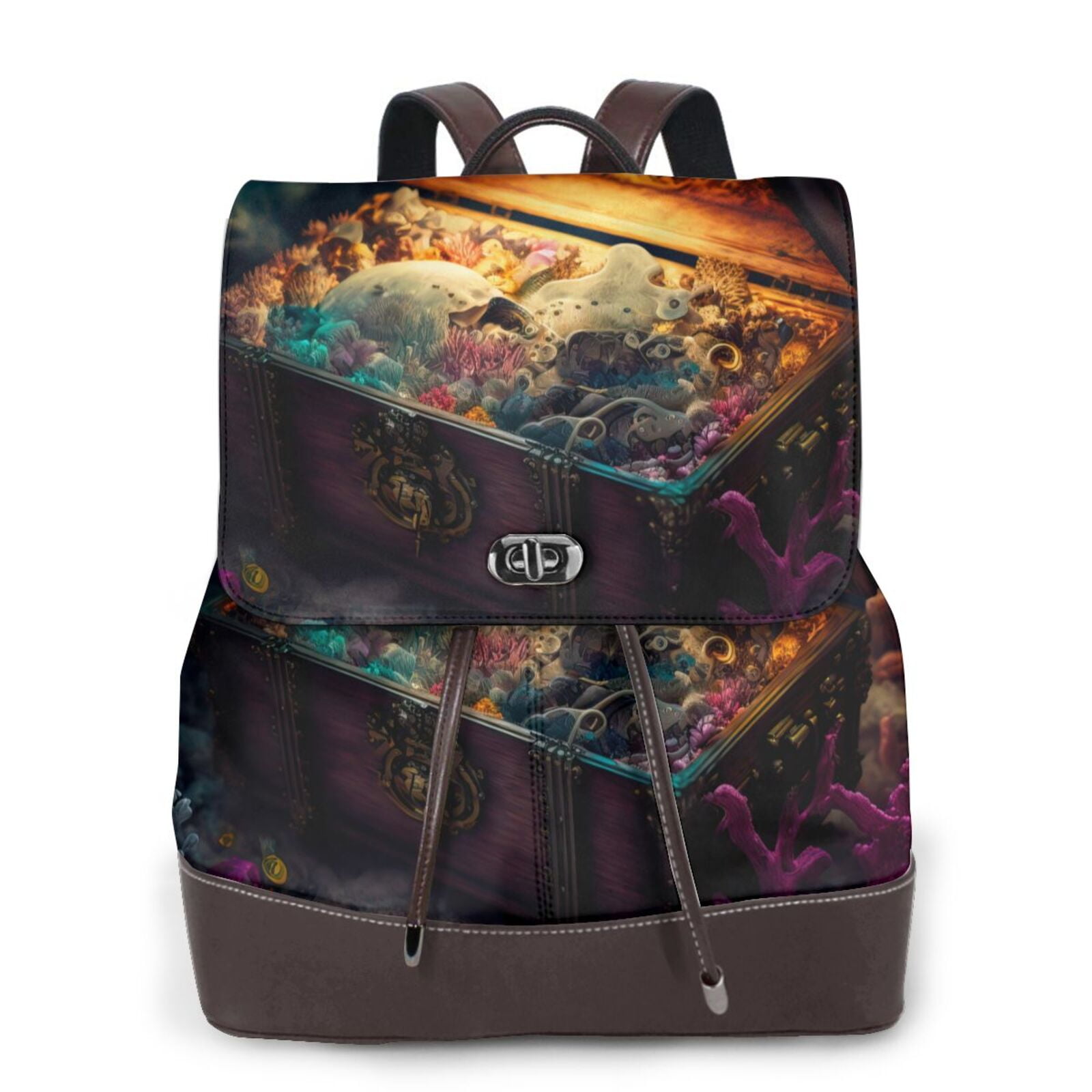 Xecao Underwater Treasure Chest Print Large Backpack Soft Leather for ...