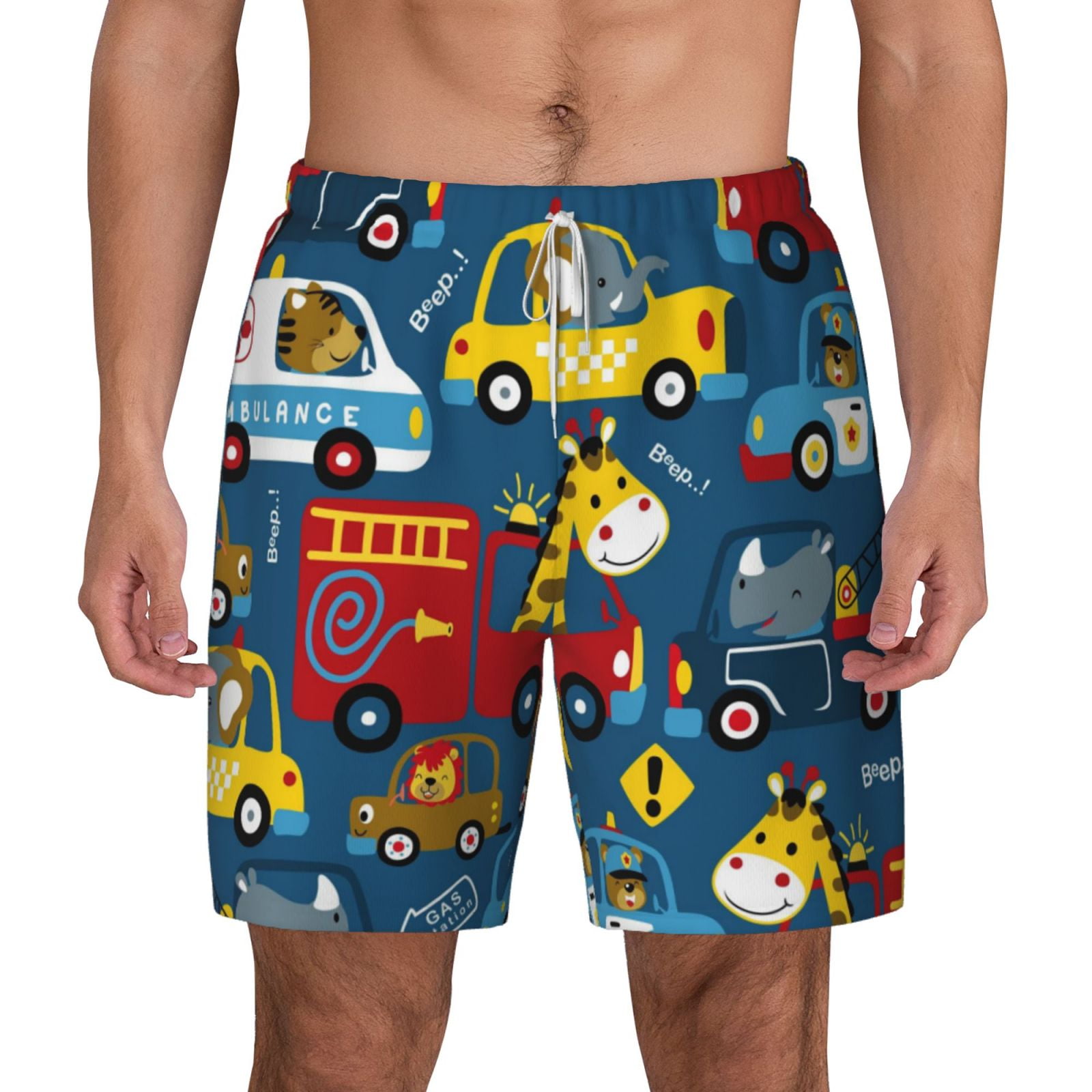 Xecao Vehicles Cartoon with Funny Drivers for Men's Swimming Trunks ...