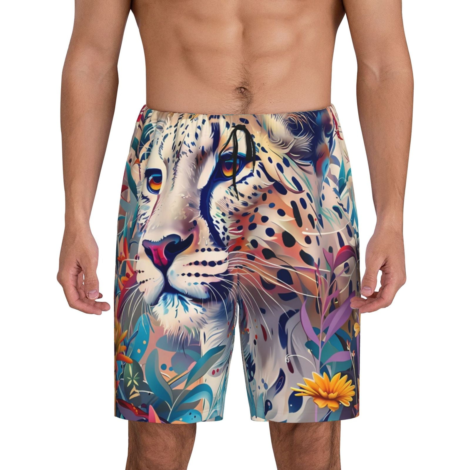 Xecao Vibrant Leopard In Flowers Print Men's Sleepwear Shorts Pajama ...