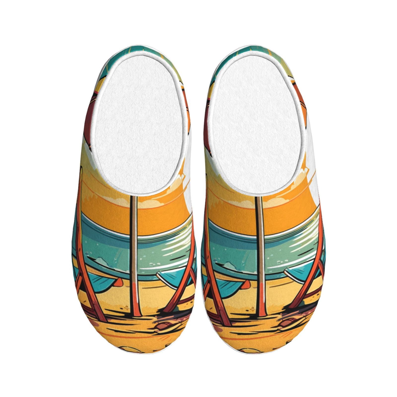 Xecao Vintage Beach Sunset Print Cotton Slippers Fuzzy Warm Cozy ...