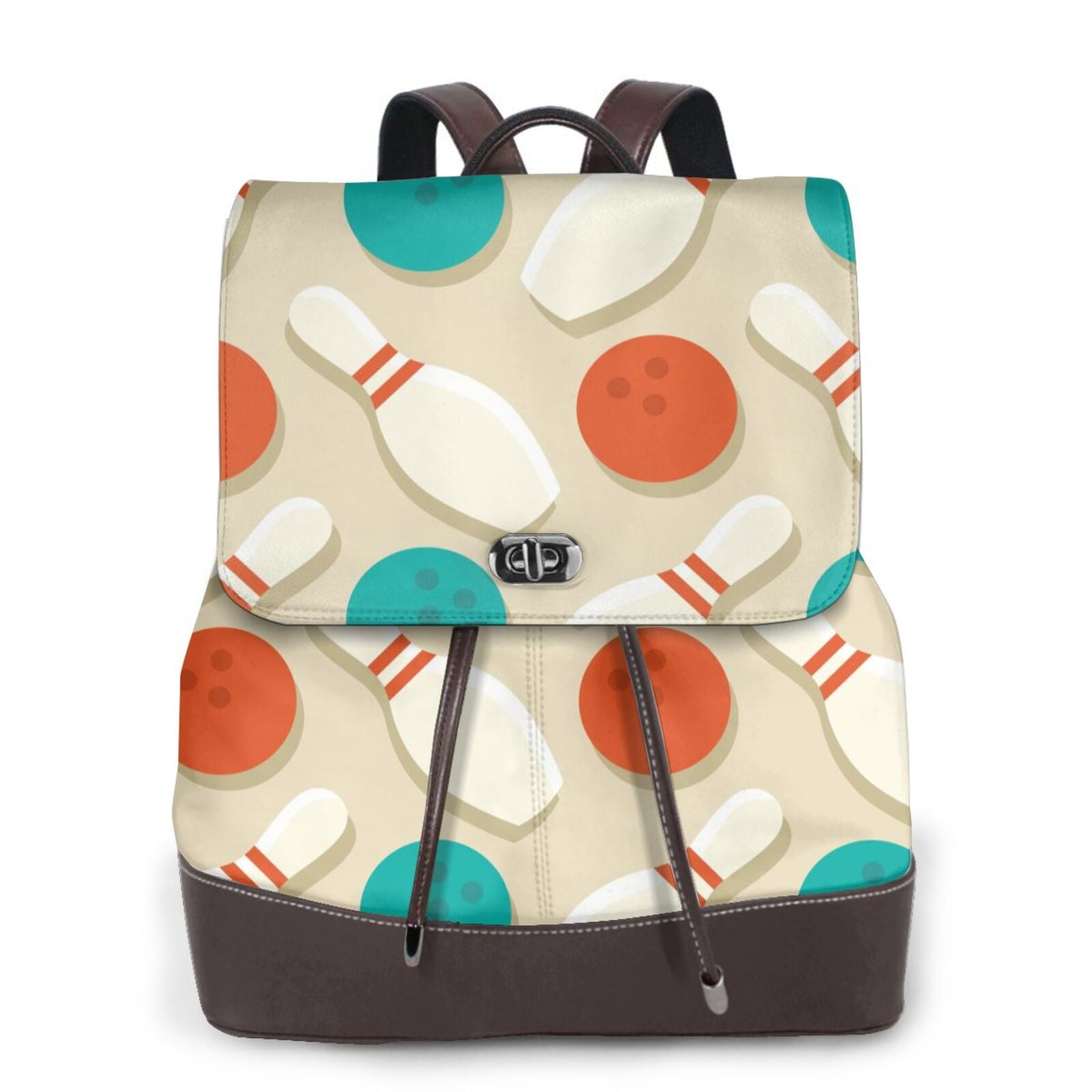 Xecao Vintage Bowling Print Large Backpack Soft Leather for Women ...