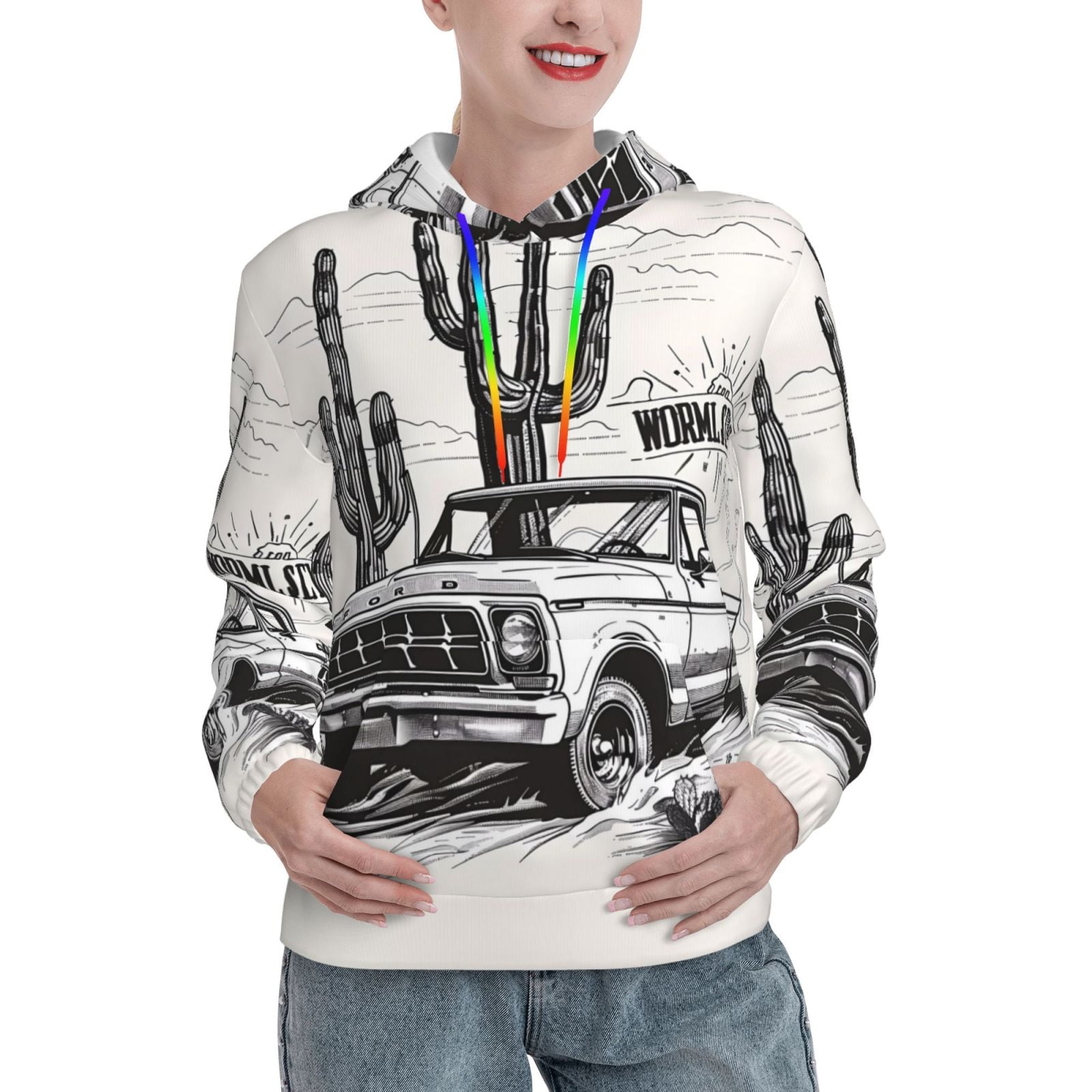 Xecao Vintage Cactus Pickup Pattern Hoodies for Women Sweatshirts Long ...