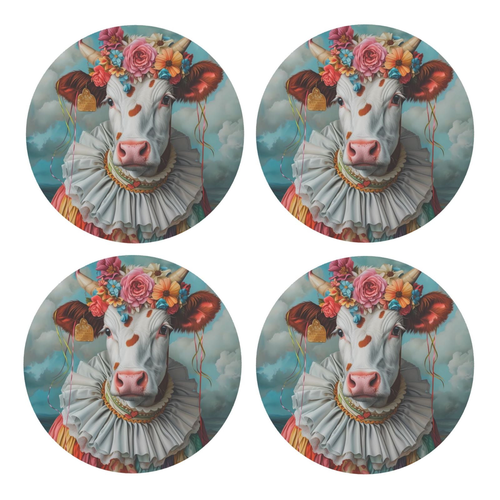Xecao Vintage Colorful Floral Cow for MDF Cork Coaster 4 Pcs,Drink ...