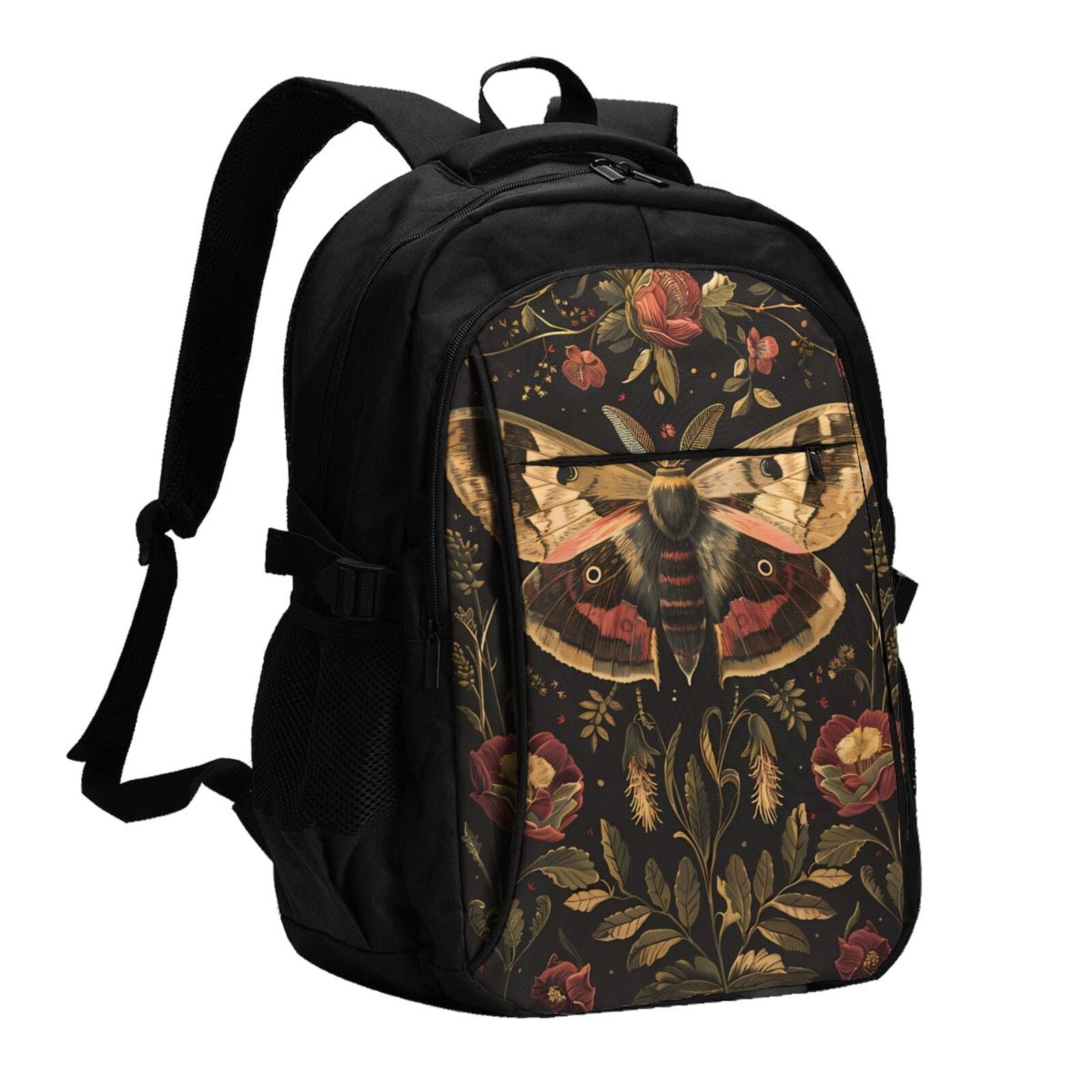 Xecao Vintage Moth Floral Art for Travel Laptop Backpack, USB-Charging ...