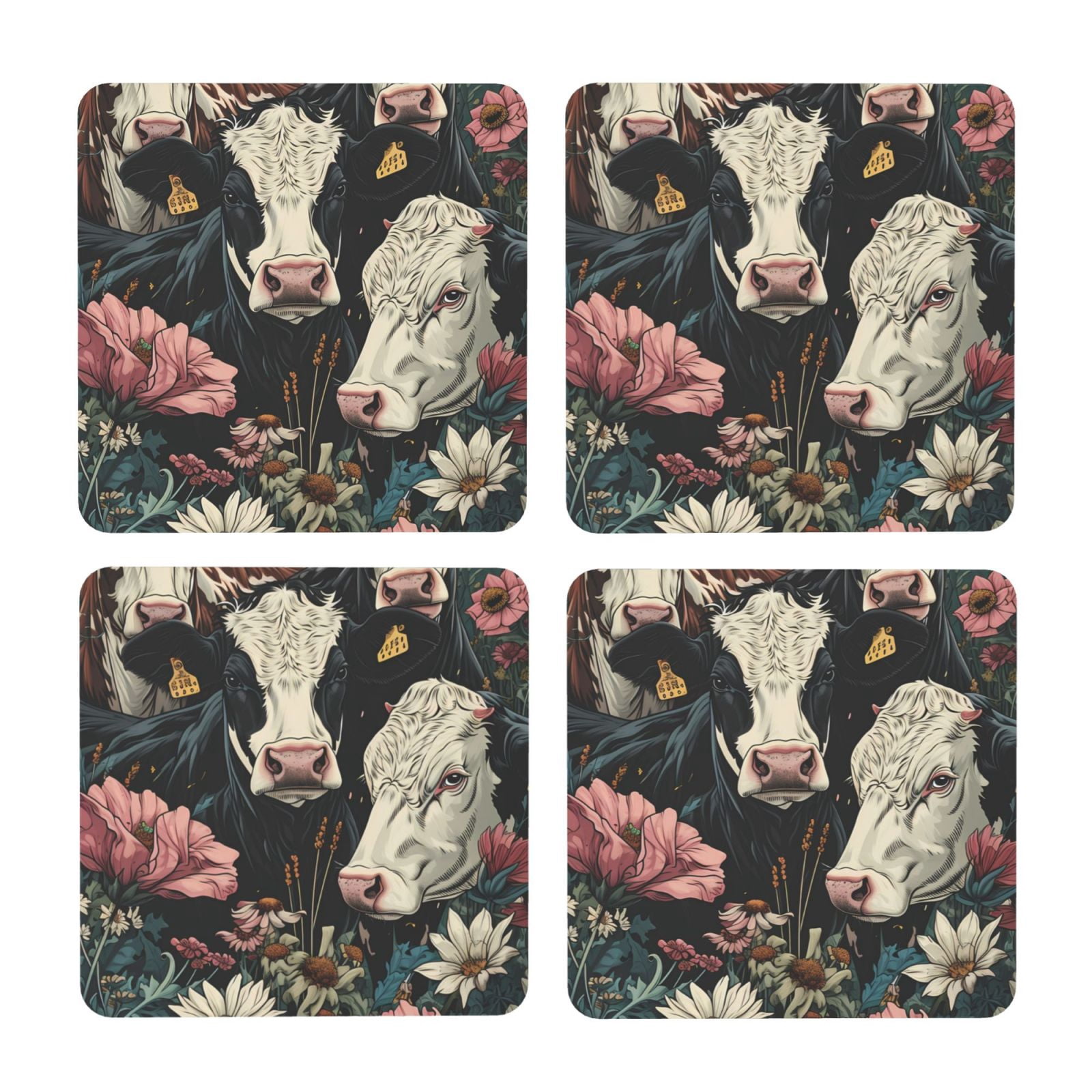 Xecao Vintage Sunflower Cow for MDF Cork Coaster 4 Pcs,Drink Coasters ...
