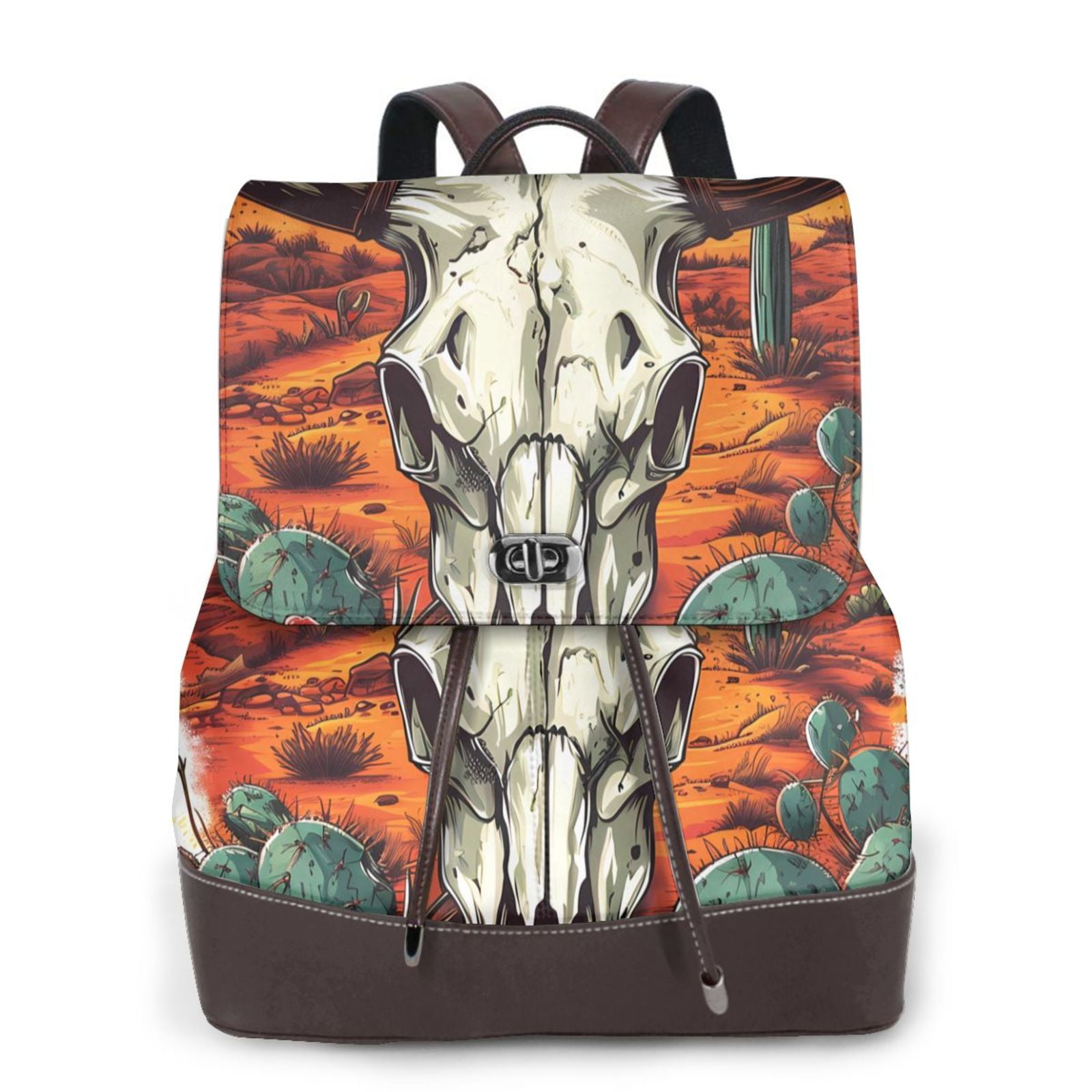Xecao Western Desert Cactus Ram Skull Print Large Backpack Soft Leather ...