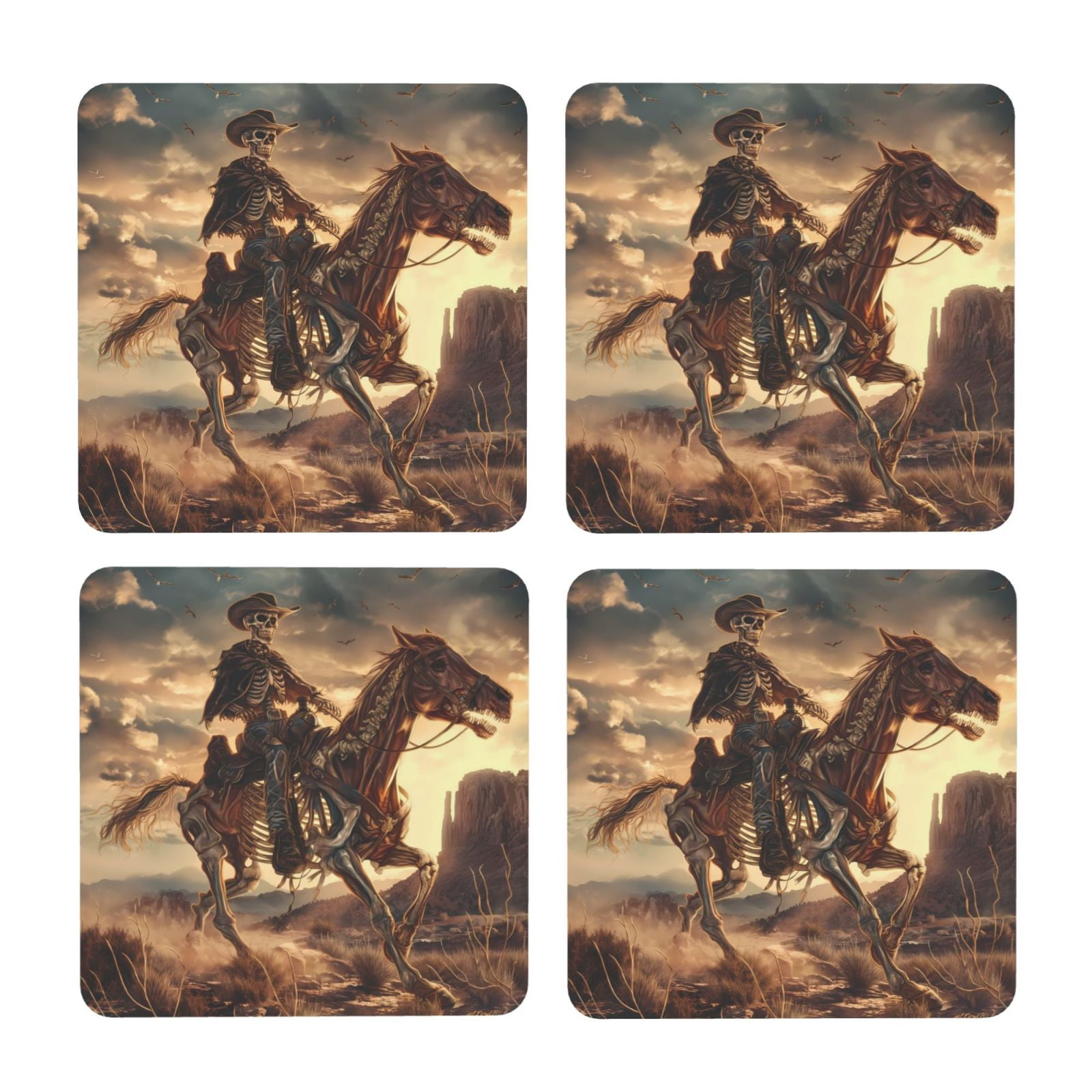Xecao Western Skeleton Cowboy Horse for MDF Cork Coaster 4 Pcs,Drink ...