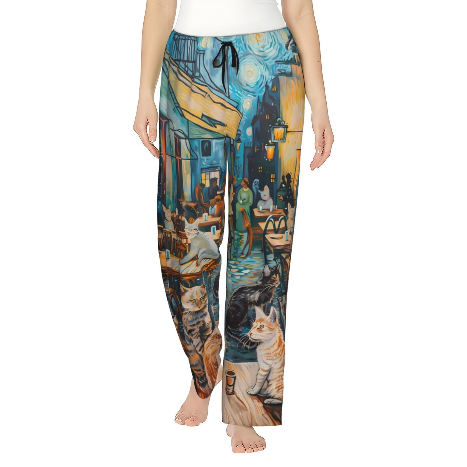 Xecao Whimsical Cats Night Cafe Print Women's Straight Lounge Pajama ...