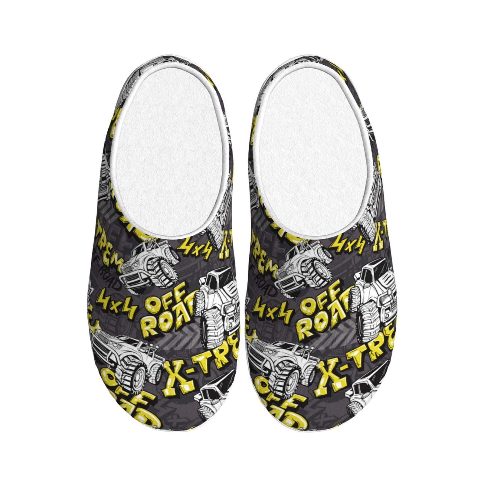 Xecao White Retro Off-Road Vehicle Print Cotton Slippers Fuzzy Warm ...