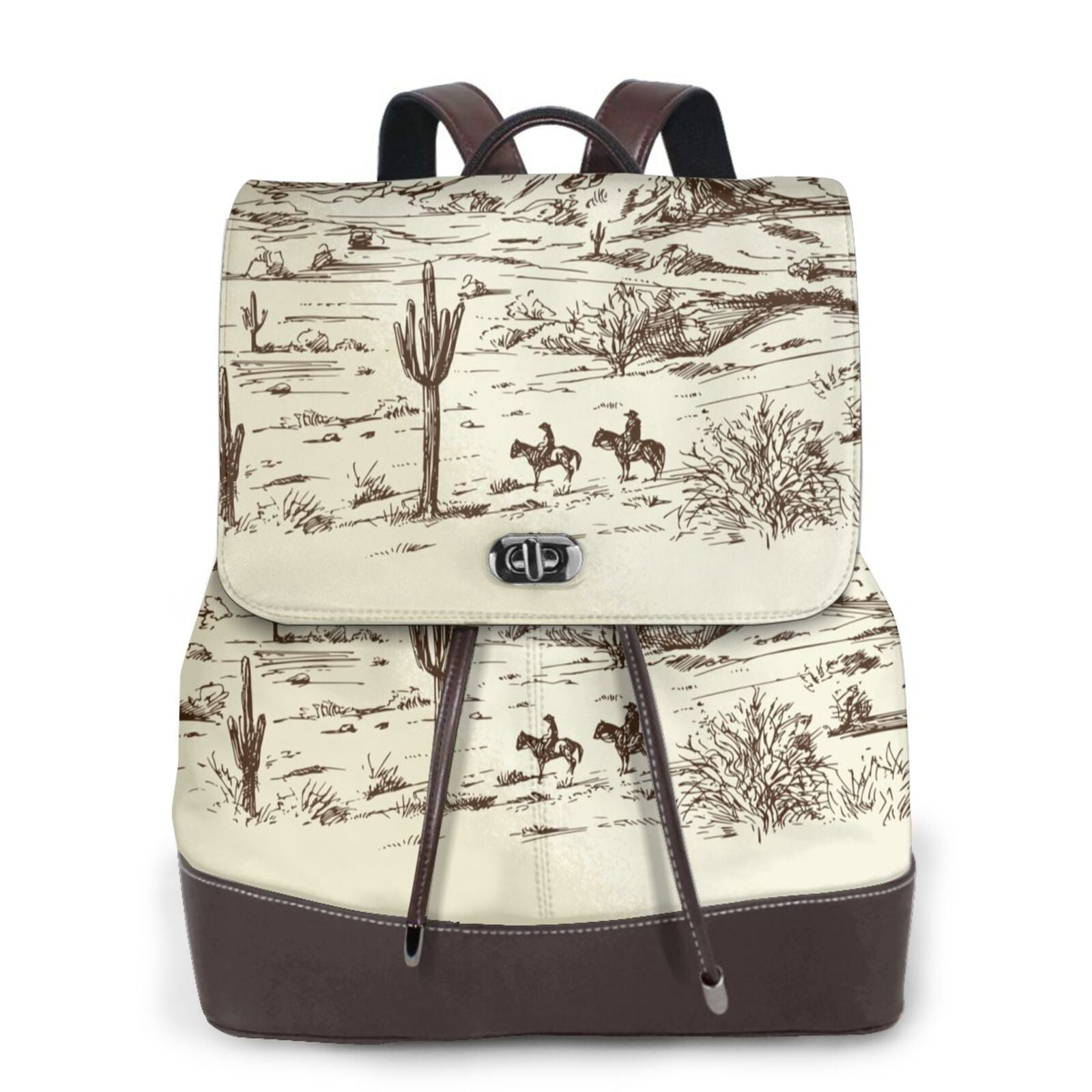 Xecao Wild West Desert With Cowboys Print Large Backpack Soft Leather ...