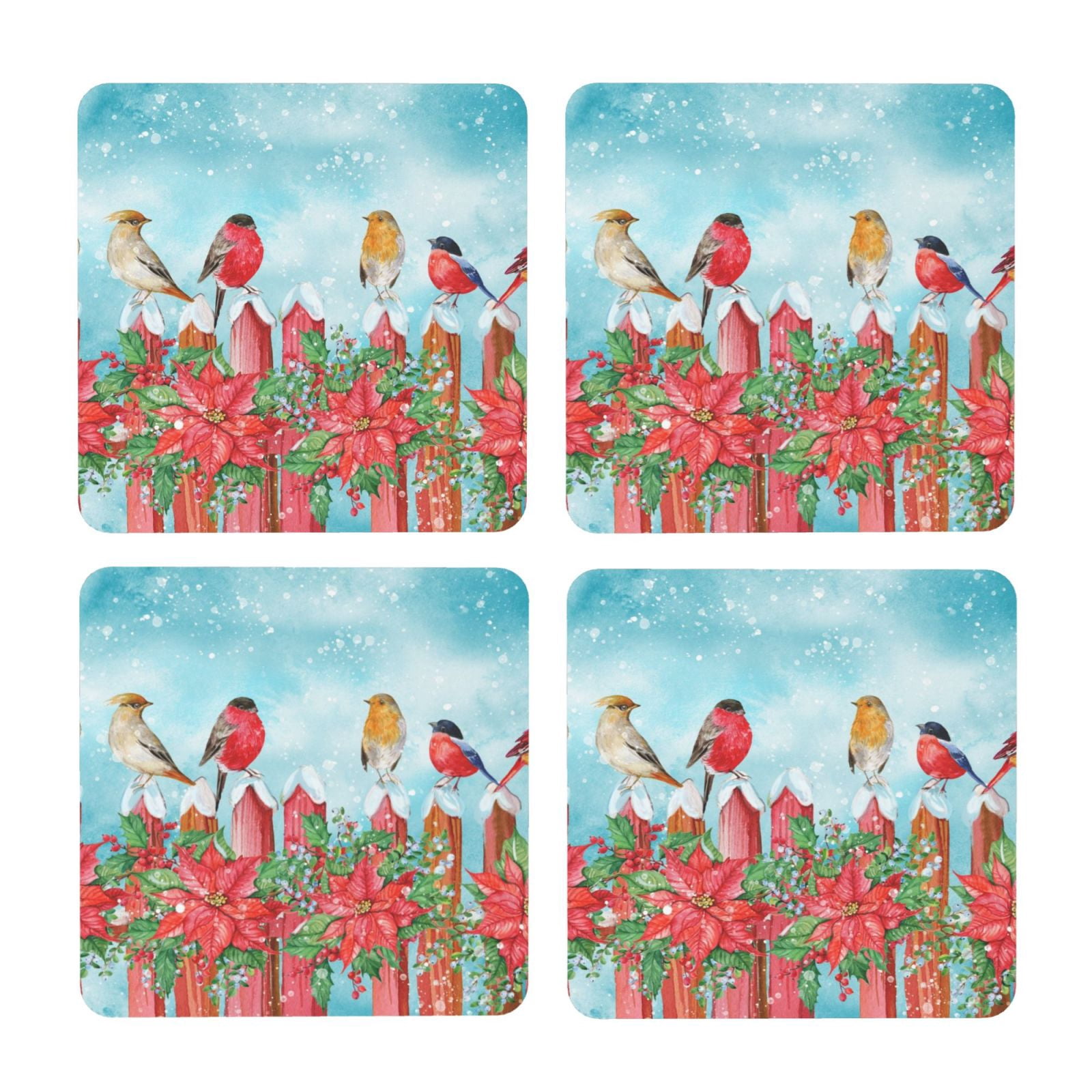 Xecao Winter Birds on the Fence for MDF Cork Coaster 4 Pcs,Drink ...