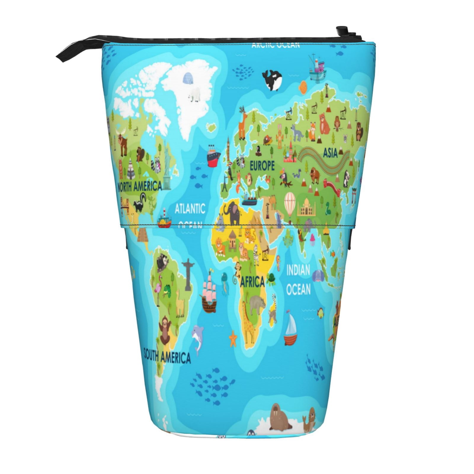 Xecao World Map With Animals Landmarks Print Telescopic Pencil Bag Pen ...