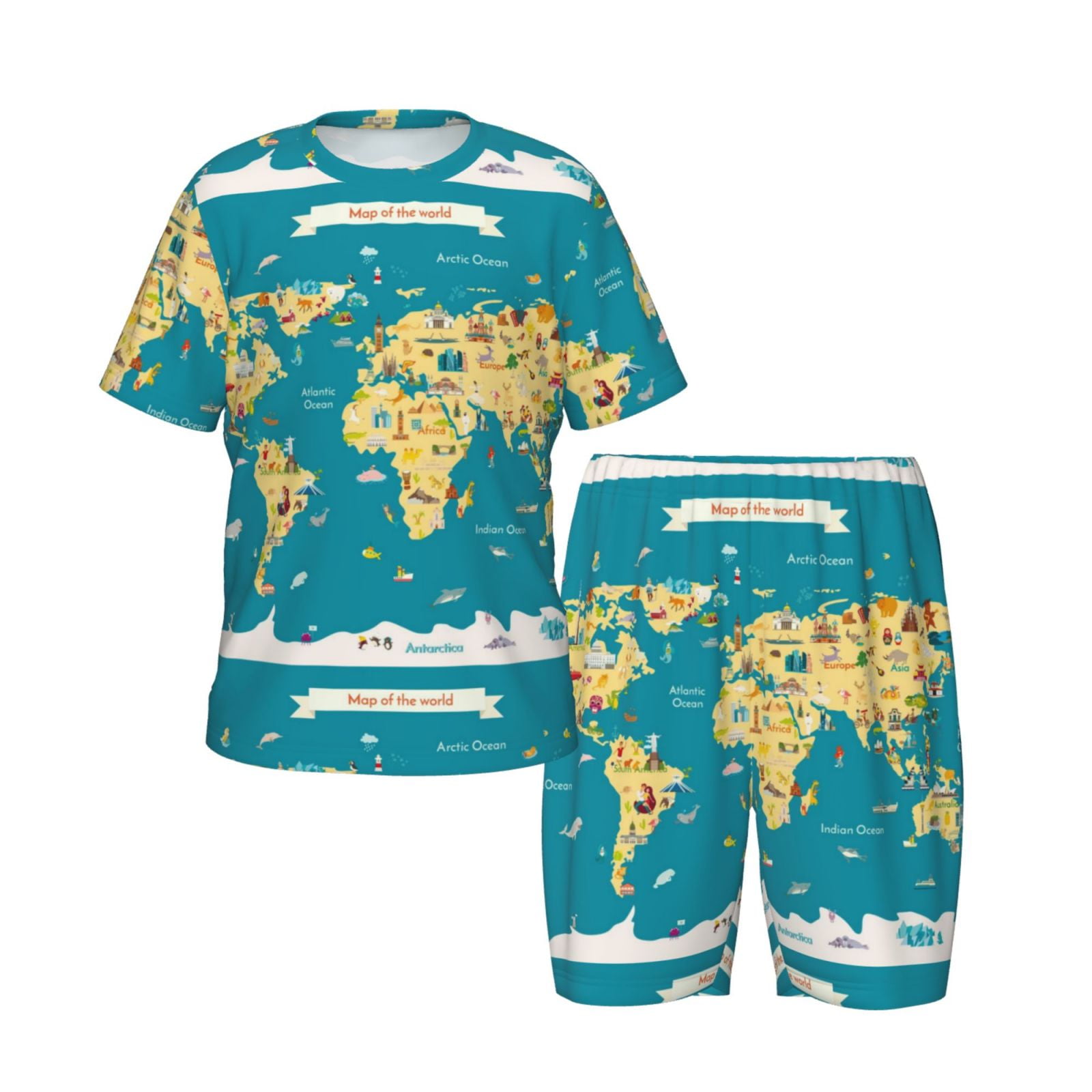 Xecao World Map With Landmarks Print Short-Sleeved Summer Pajama Set ...
