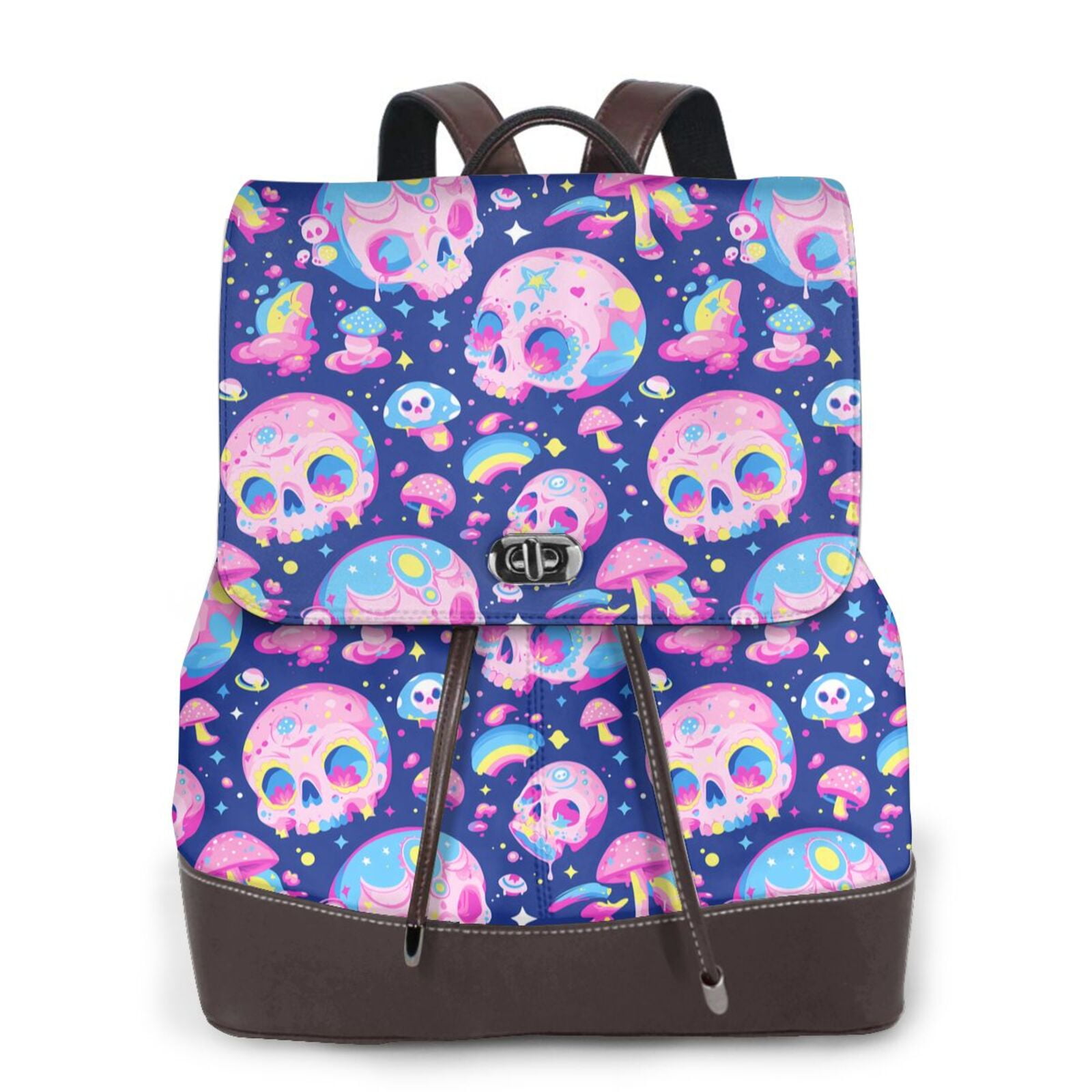Xecao colorful Skull mushroom rainbow Print Large Backpack Soft Leather ...