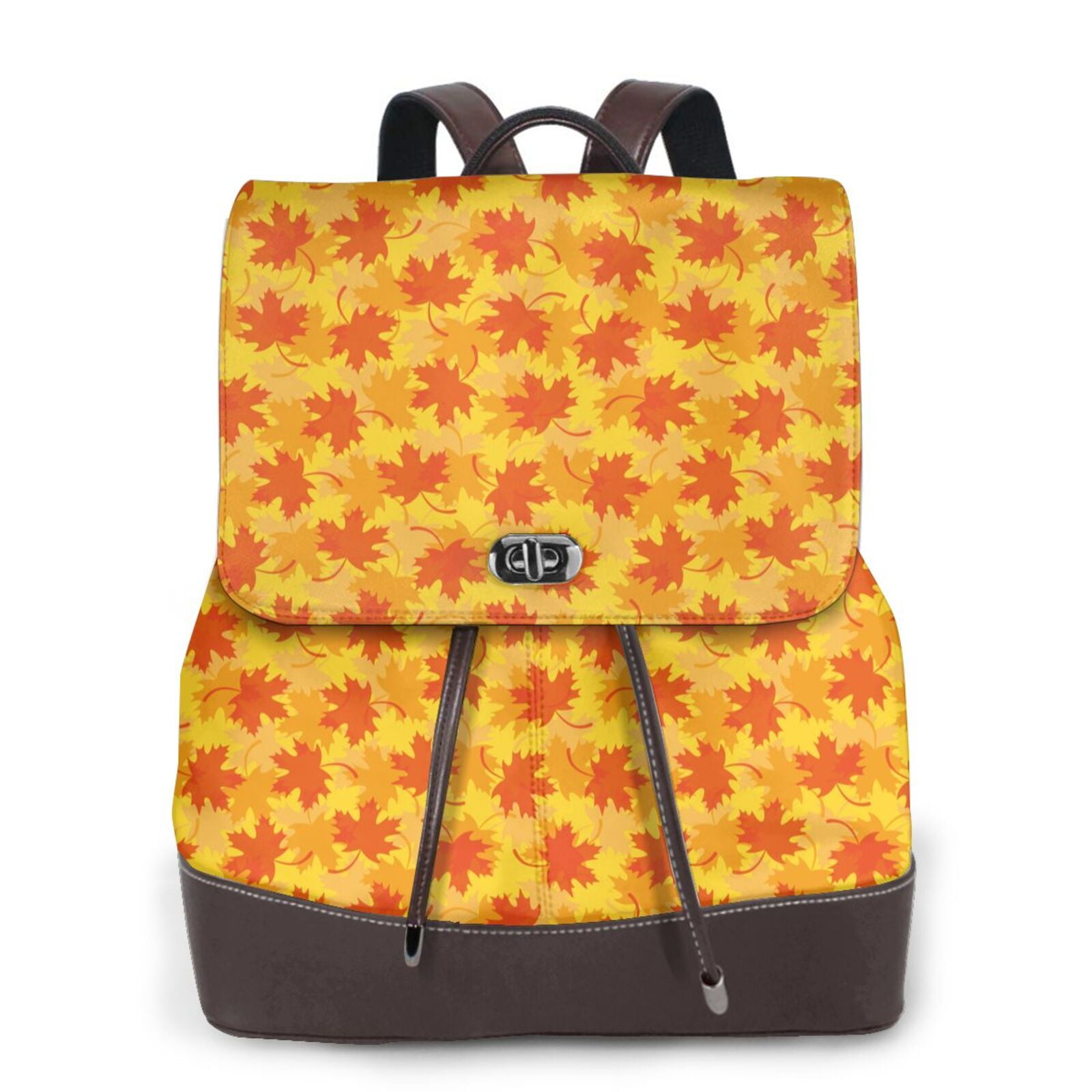 Xecao fall retro maple leaf Print Large Backpack Soft Leather for Women ...