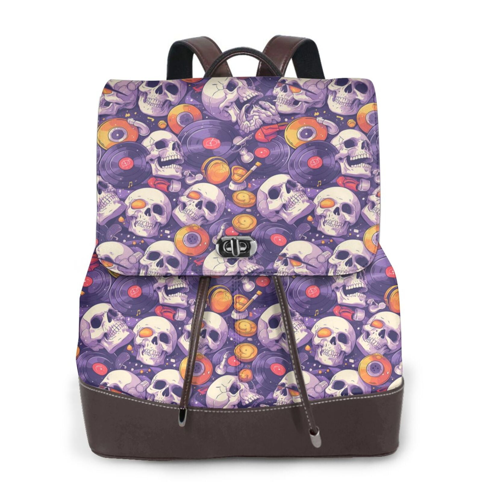 Xecao music Skull record Print Large Backpack Soft Leather for Women ...