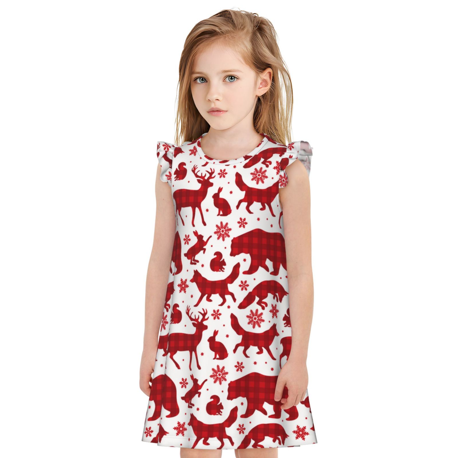Xecao red plaid Moose Bunny bear Print Pajama Dresses for Girls ...