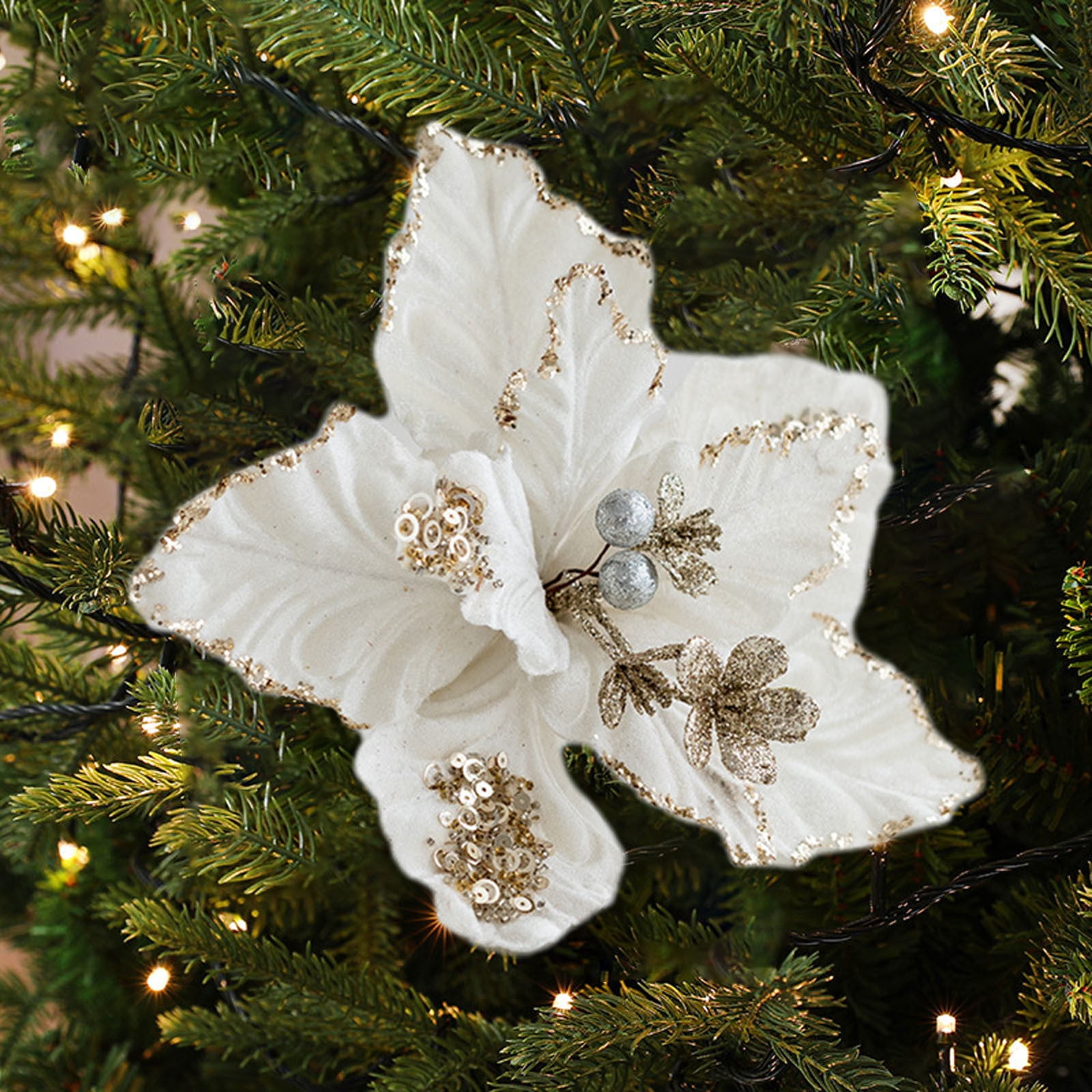 Xecvkr Fake Flowers Christmas Glitter Magnolia Flower Stalk Cloth ...