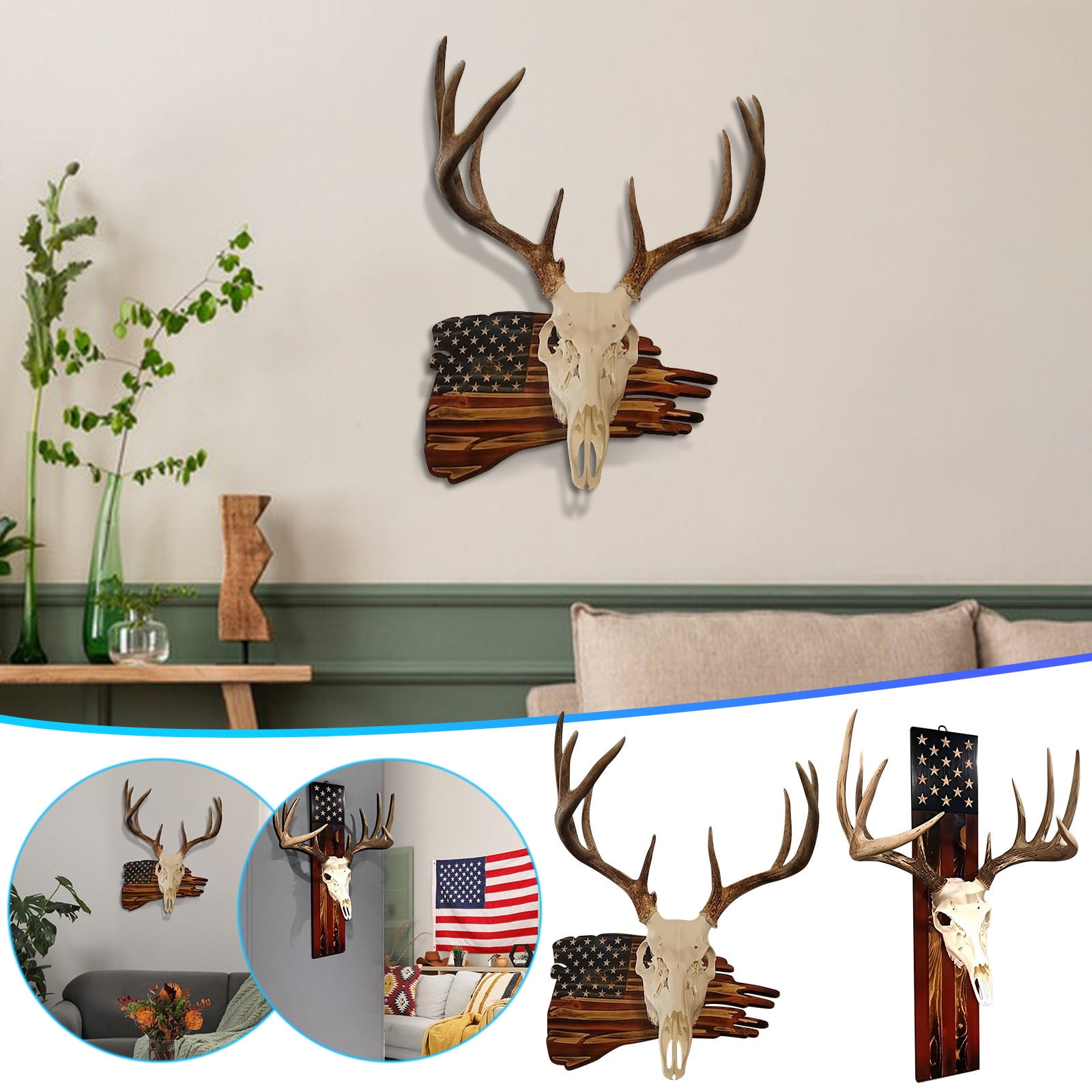 Xecvkr Premium USA Flag Themed Skull & Antler Display Rack - Celebrate ...