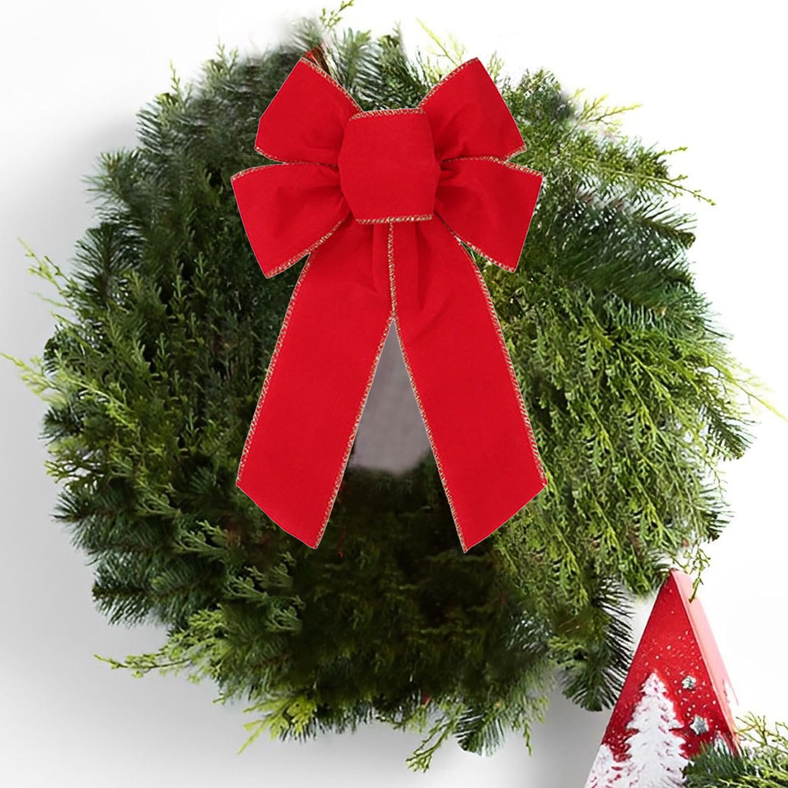 Xecvkr Red Flocking Multi Ear Bow Christmas Wreath Tree Gift Box Window ...