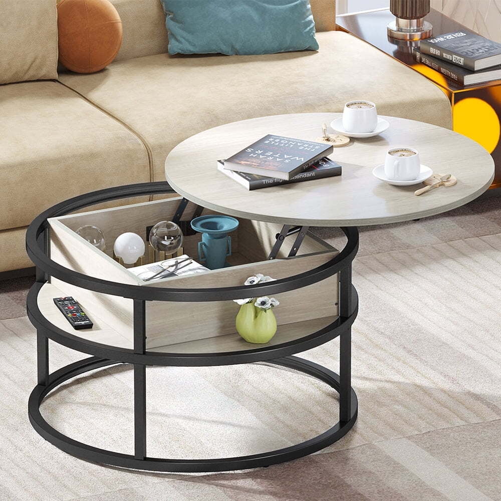 Xelsyo Round Lift Top Coffee Table For Living Room w/ Hidden Storage ...