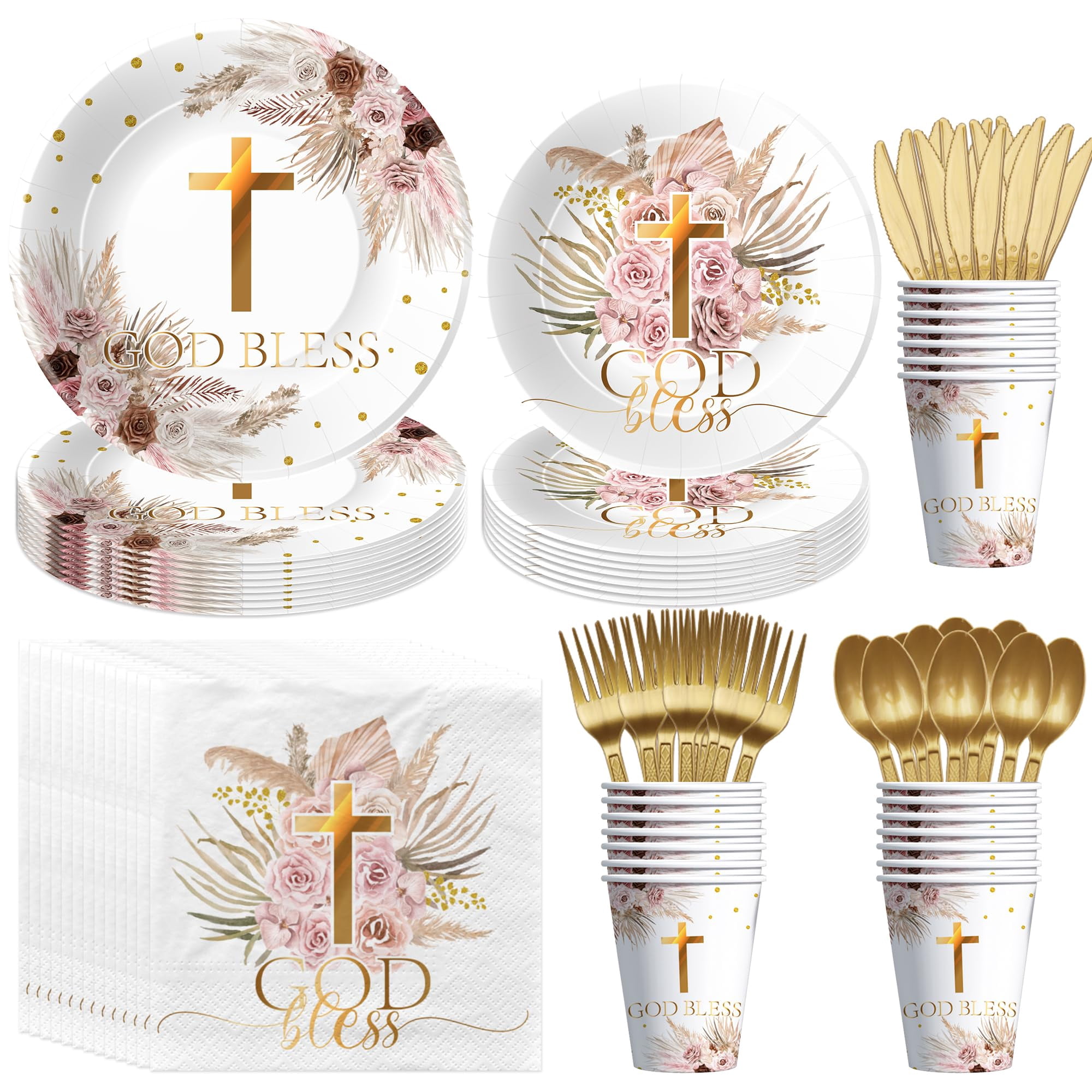 Xenorik Boho God Bless Baptism Decorations Tableware, Pampas Grass ...