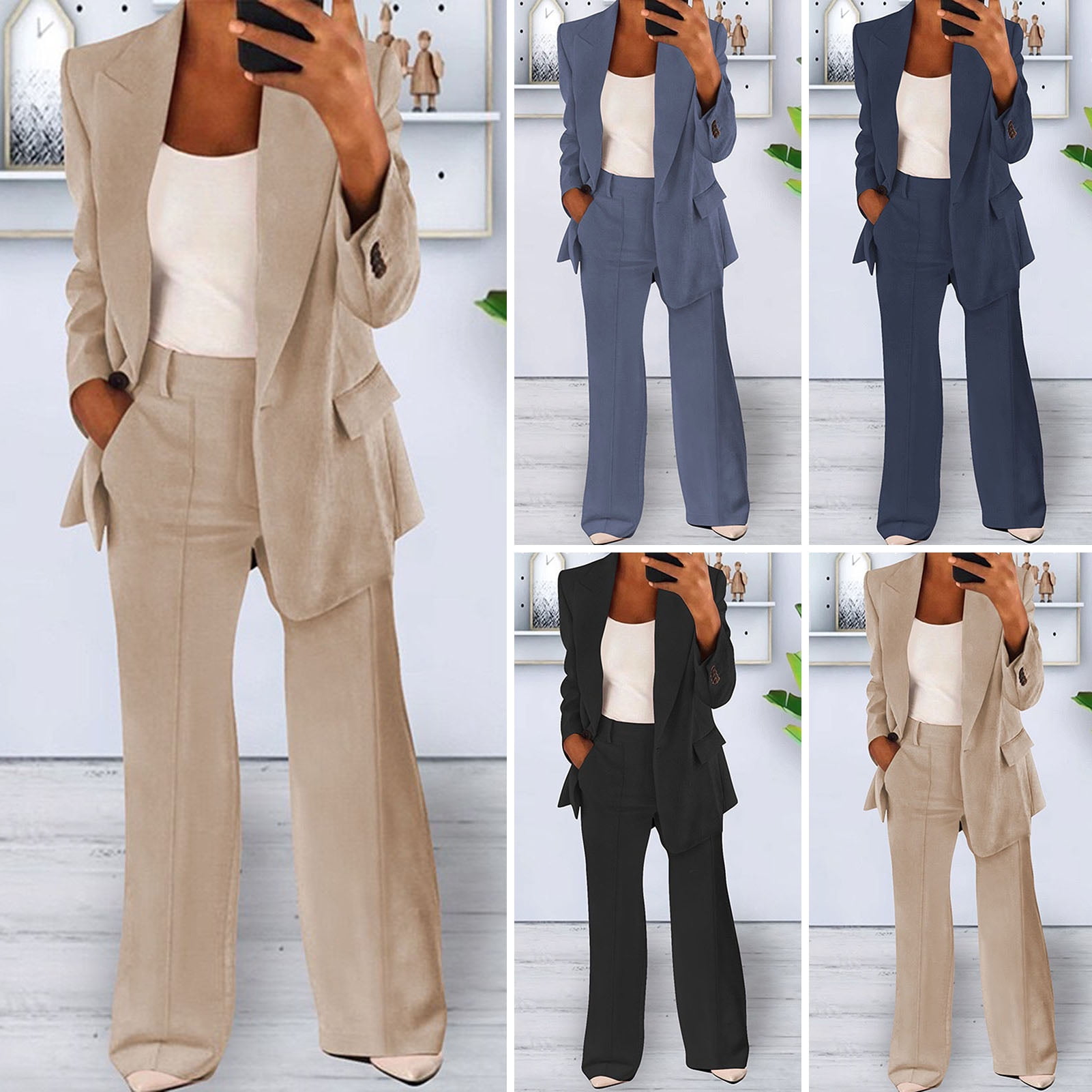 Xeyise 2 Pcs/Set Women Plus Size Coat Pants Set Lapel Single Button Mid ...