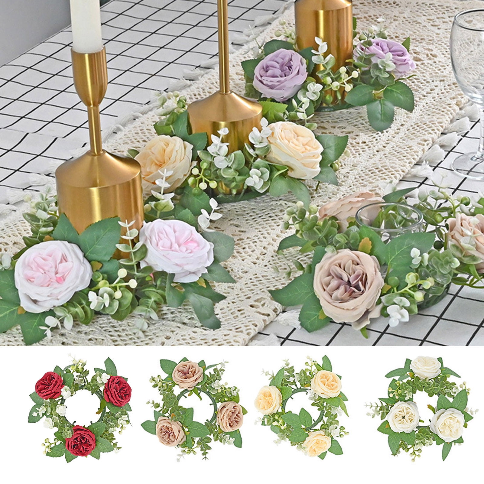 Xeyise 2Pcs Candlestick Garland Realistic Simulation Rose Wreath Candle ...