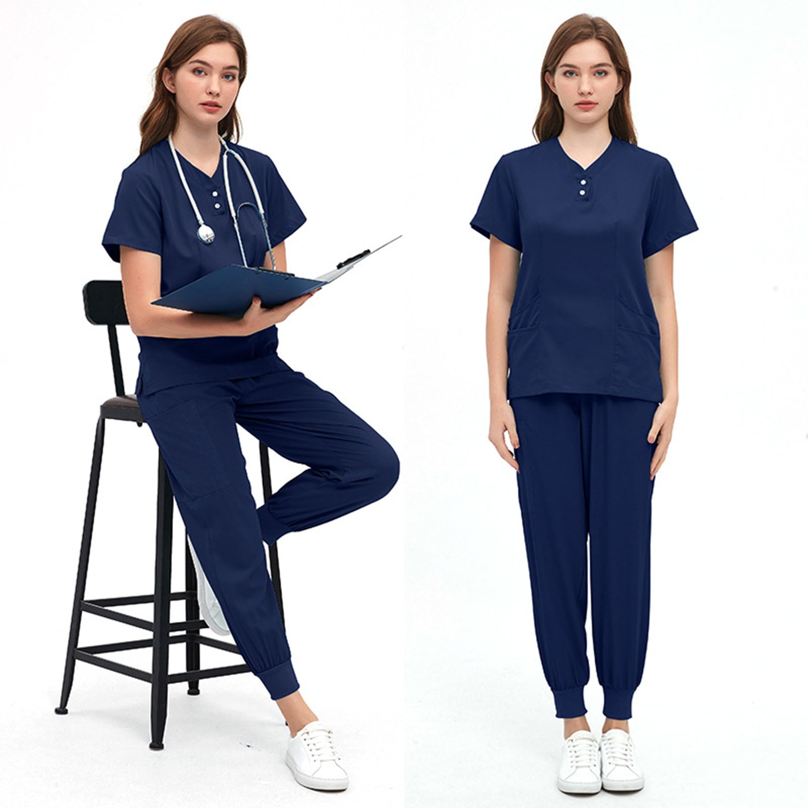 Xeyise 2Pcs/Set Unisex Hospital Uniform Set V-neck Short Sleeve Pockets ...